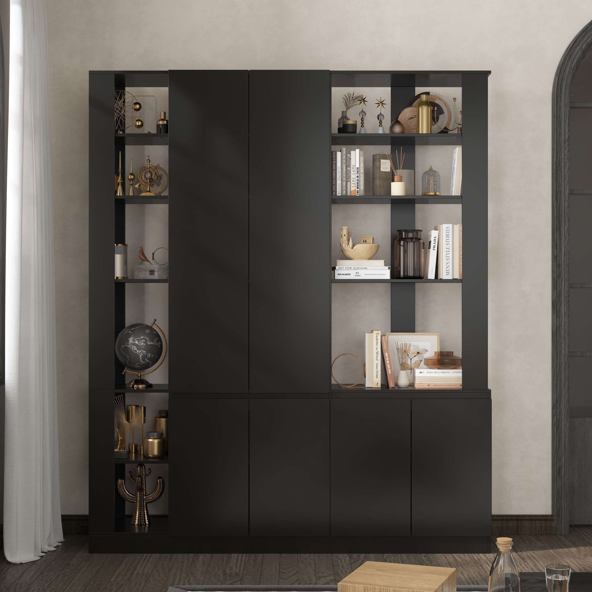 Latitude Run® 71'' H X 59'' W 6-Layer Black Bookcase With Cabinets ...