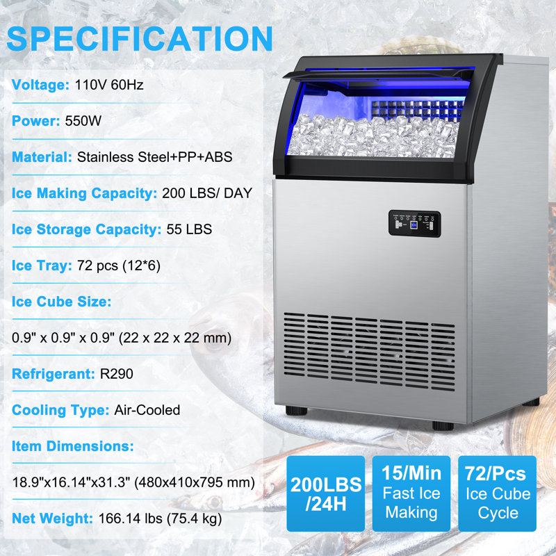 Velivi 200 Lb. Daily Production Cube Clear Ice Stainless Steel Under ...