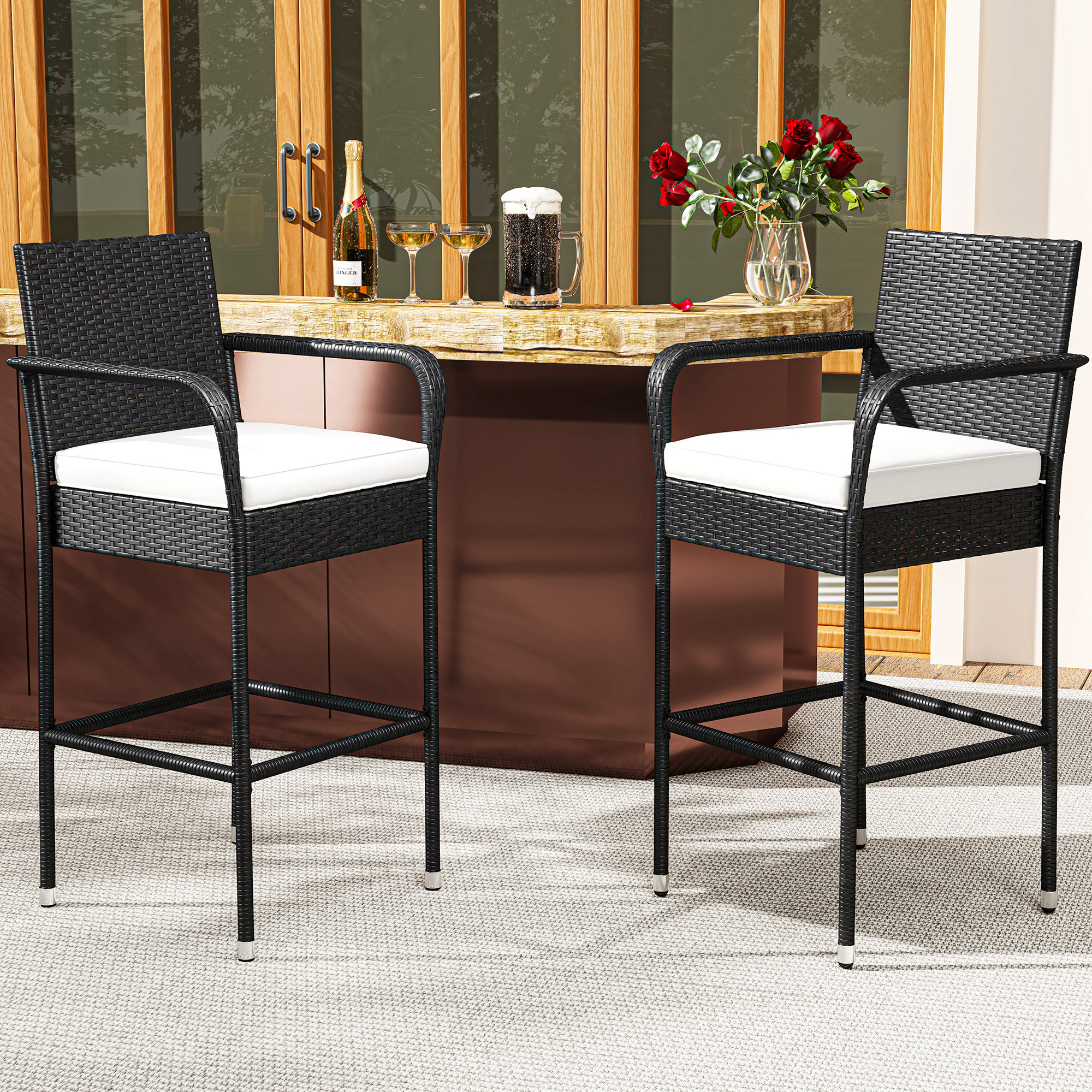 Winston Porter Set Of 2 Patio Wicker Counter Stools Outdoor Bar Height ...