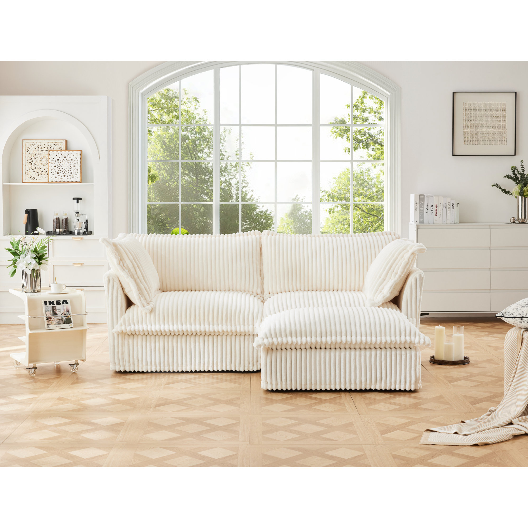 Latitude Run® Slipcovered Sectional 2-seater Sofa With Convertible Ottoman In Cream Corduroy, L ...