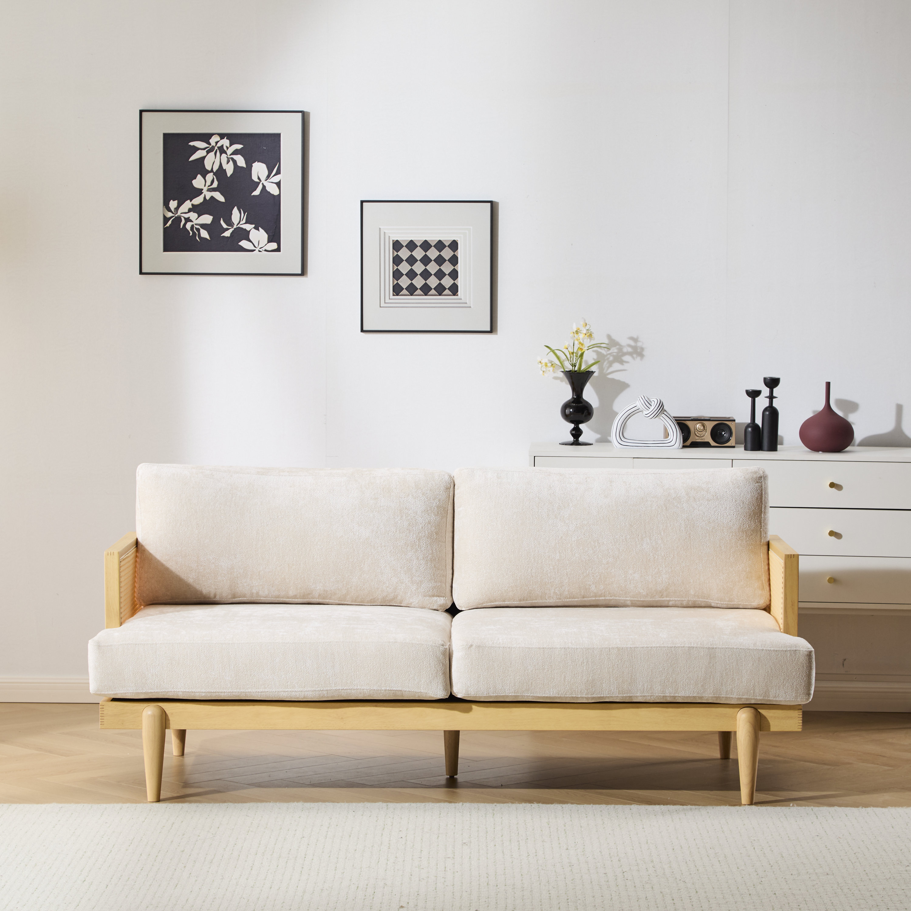 George Oliver Dayton 72" Square Arm 3-Seater Sofa With Cane Rattan And ...