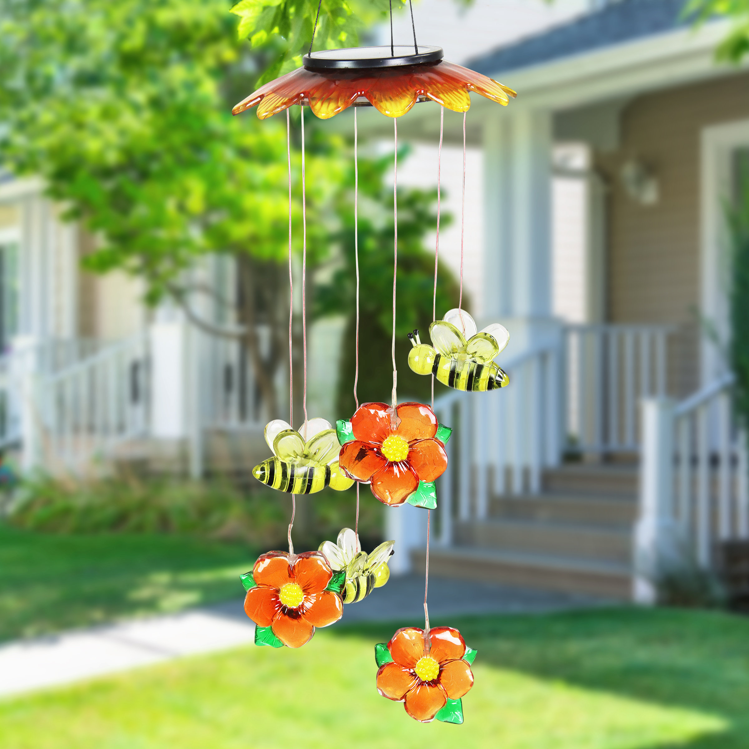 Exhart Solar Bumble Bees and Flowers Hanging Mobile with 6 Colour ...