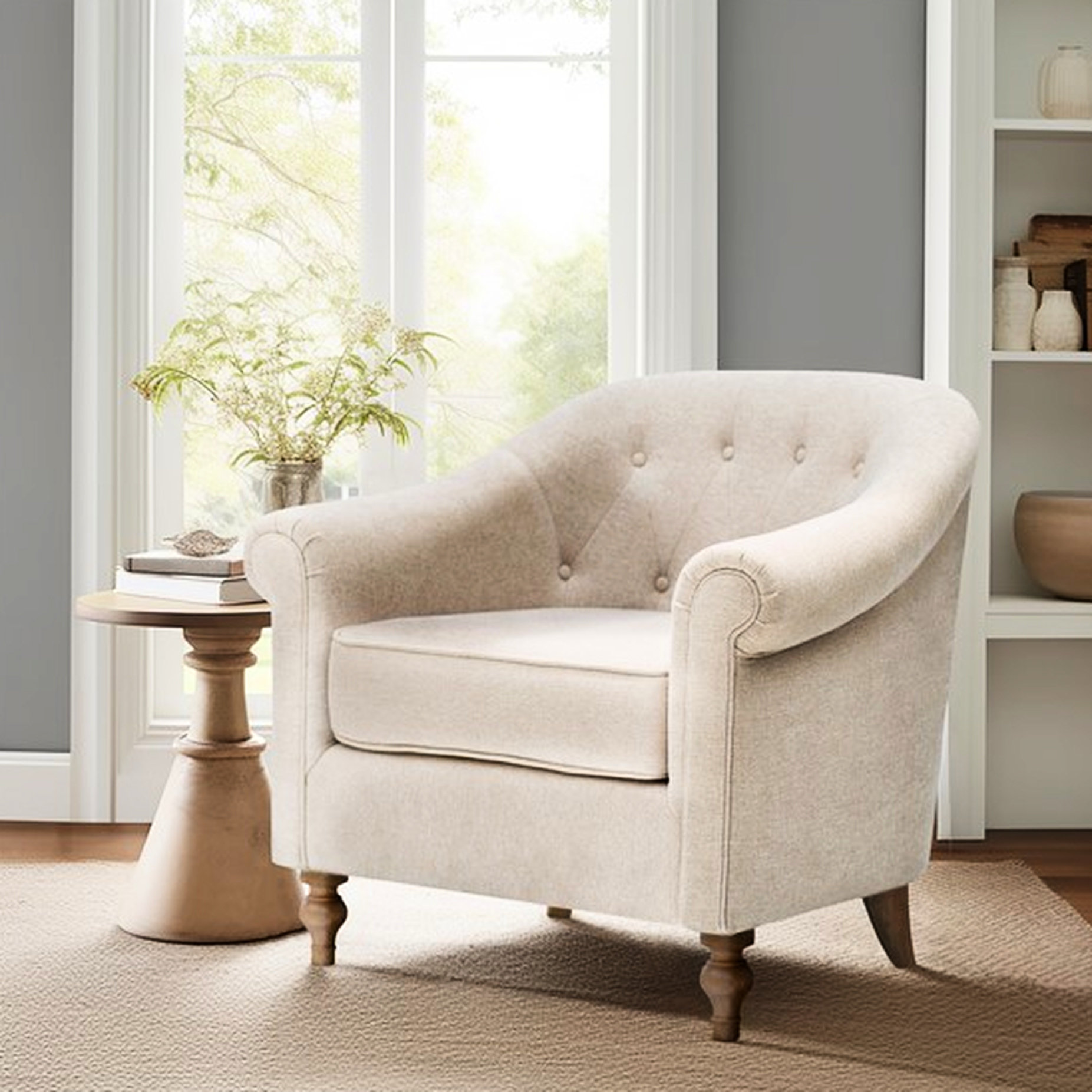 Wildon Home® Style Armchair For Living Room - Button Tufting, Natural ...