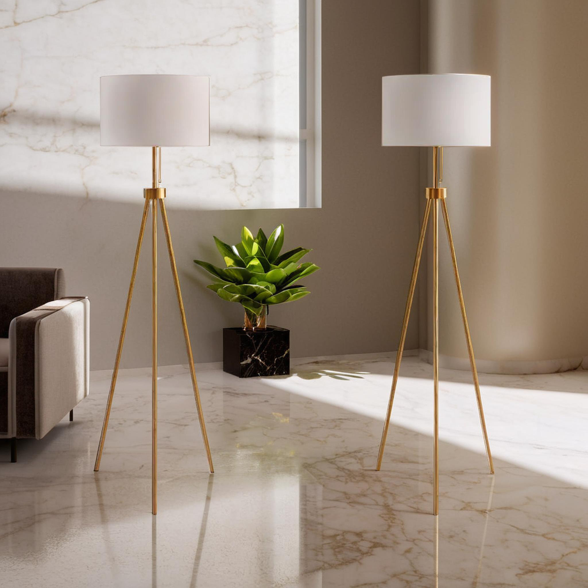 Everly Quinn Standing Floor Lamp Fabric Lampshade Tripod (Set of 2 ...