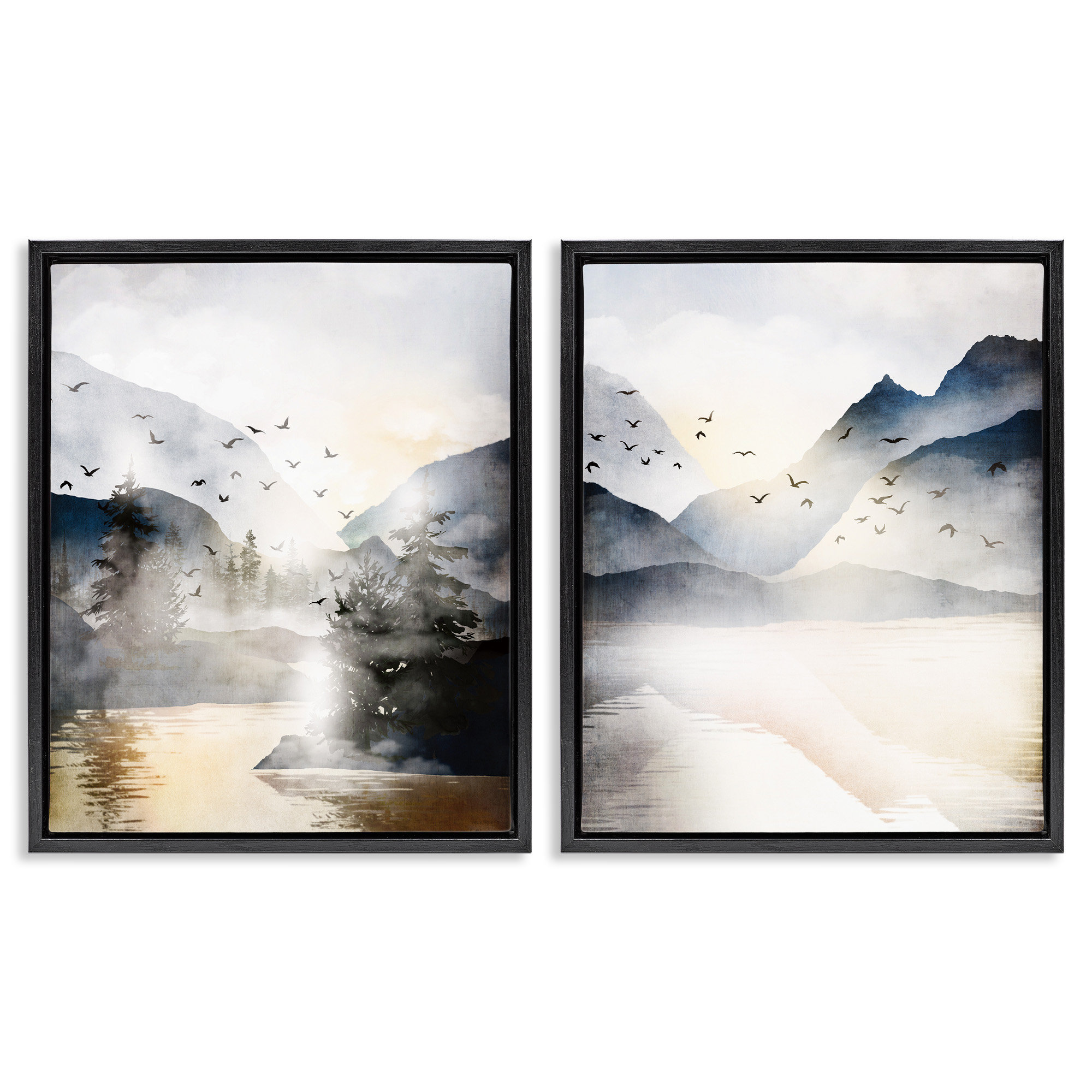 Millwood Pines Sunlit Birds Over Lake Landscape 2 Piece Framed Floater ...