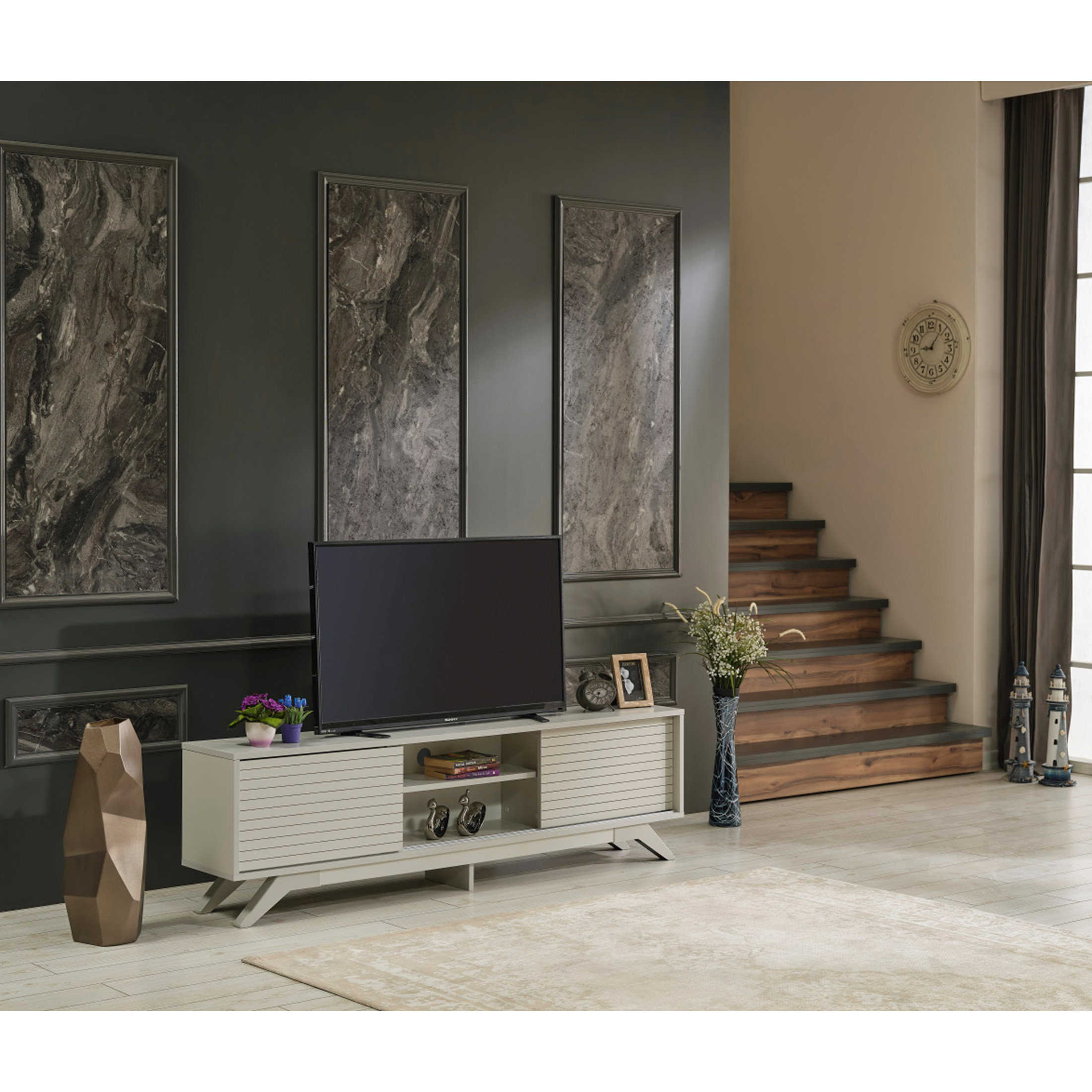 Taroo Clocks Luxia Mid Century Modern Tv Stand 2 Sliding Door Cabinet 2 ...