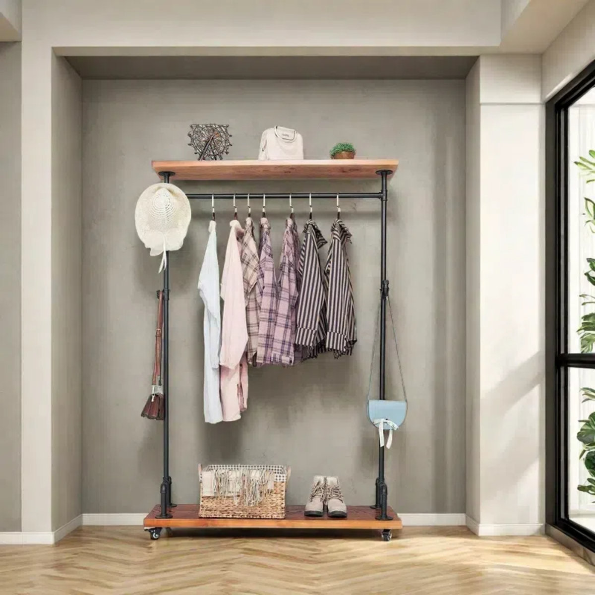 Williston Forge Clothes Rack, Iron & Wood Closet Clothes Rack Floor ...