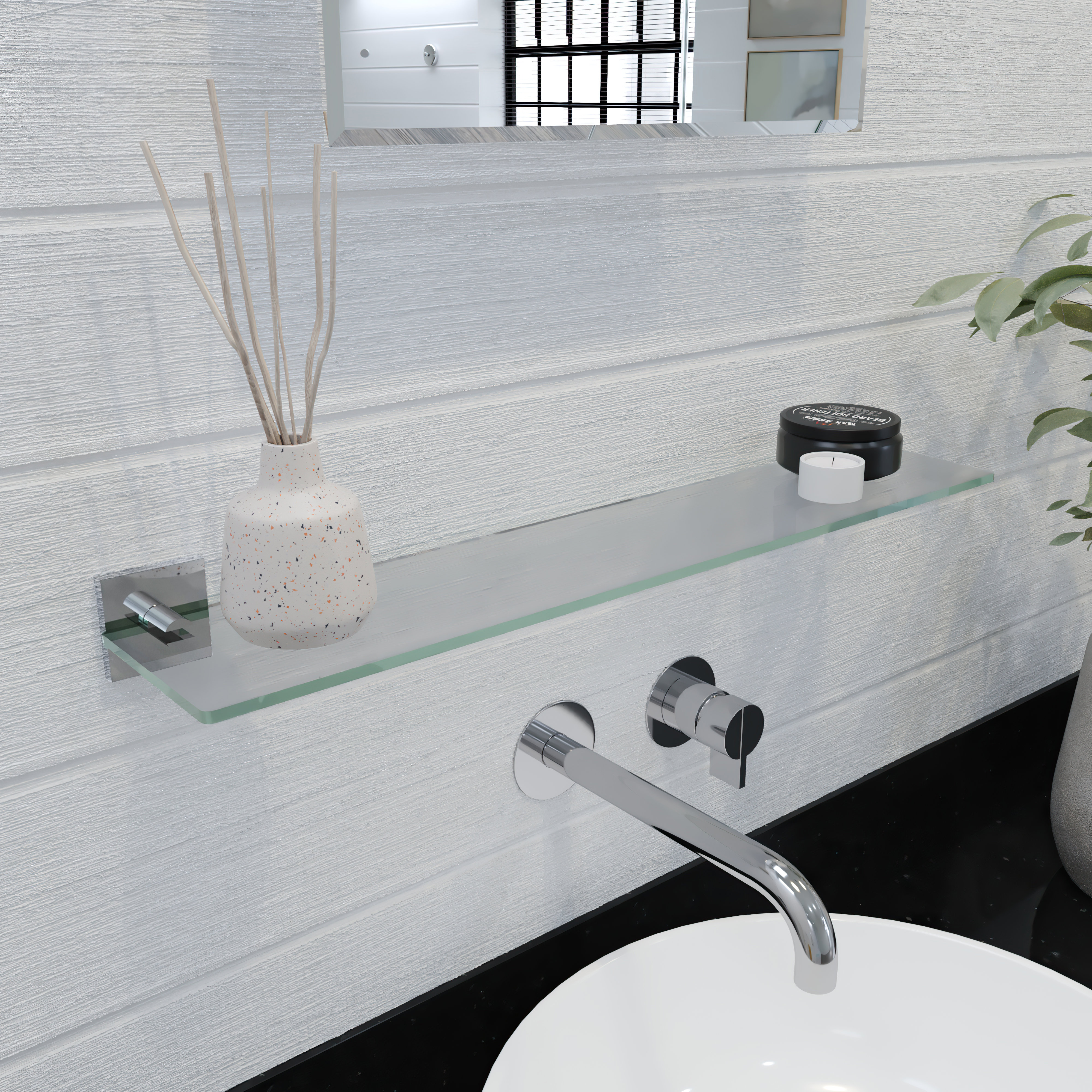 Croydex Chester Wall Mounted Glass Shelf with Square Chrome Flexi-Fix ...