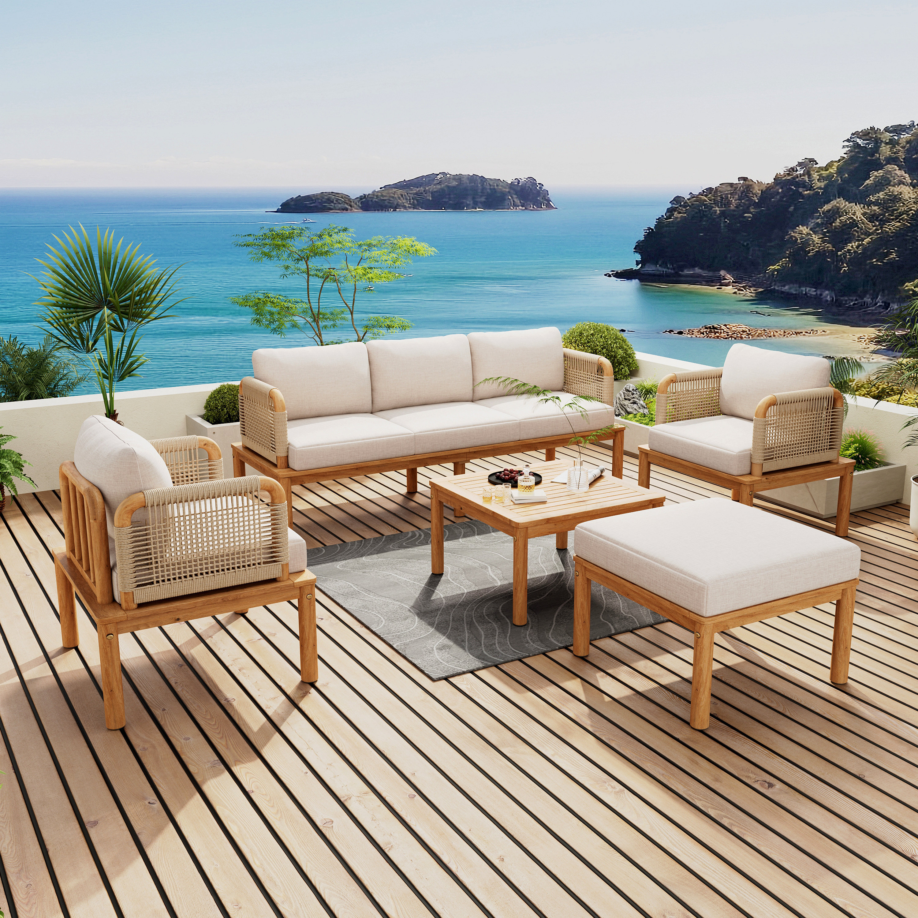 One Allium Way Outdoor Acacia Wood And Rope Patio Sofa Set - Wayfair Canada