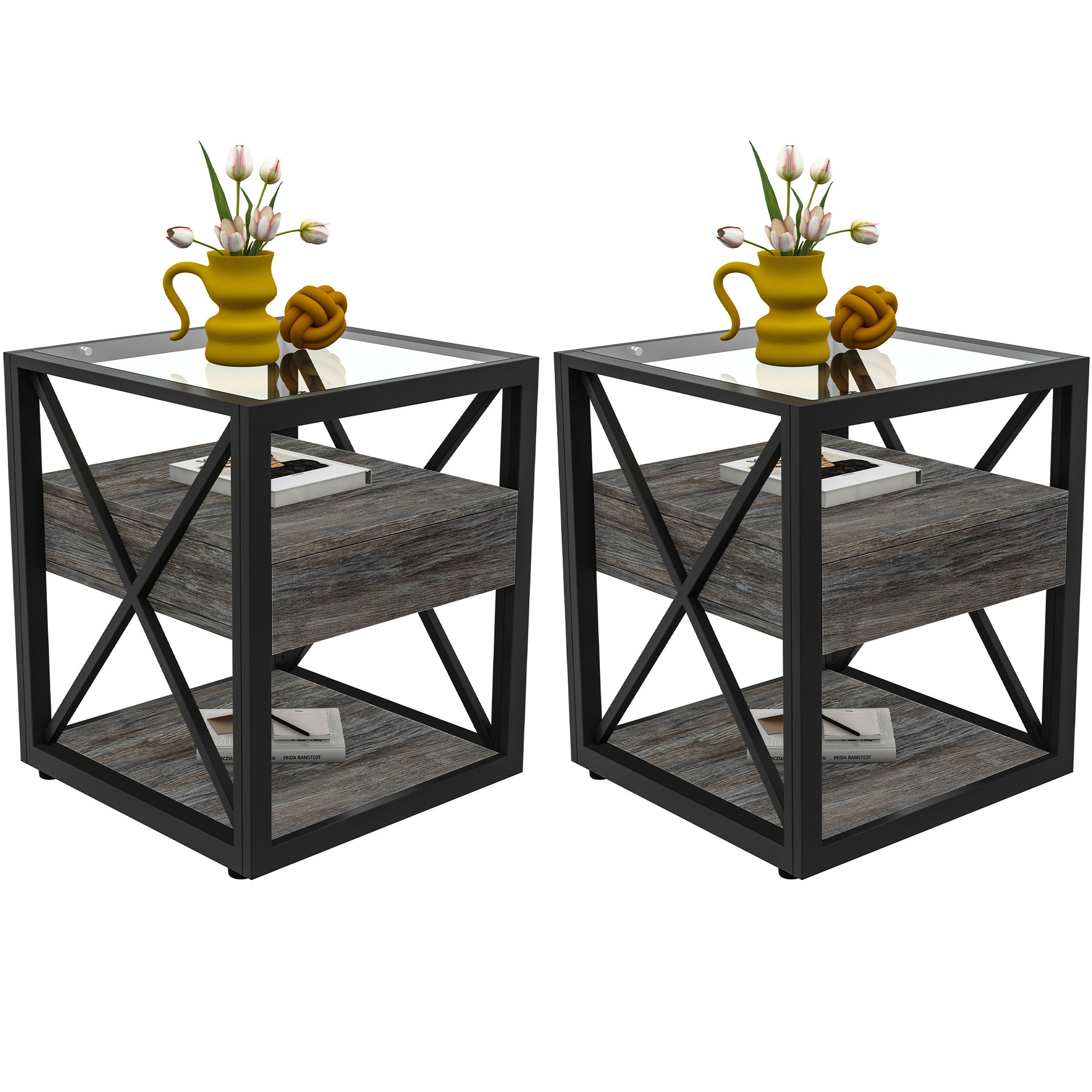 17 Stories Of 2 Industrial Style End Tables With Drawer, Nightstand For ...