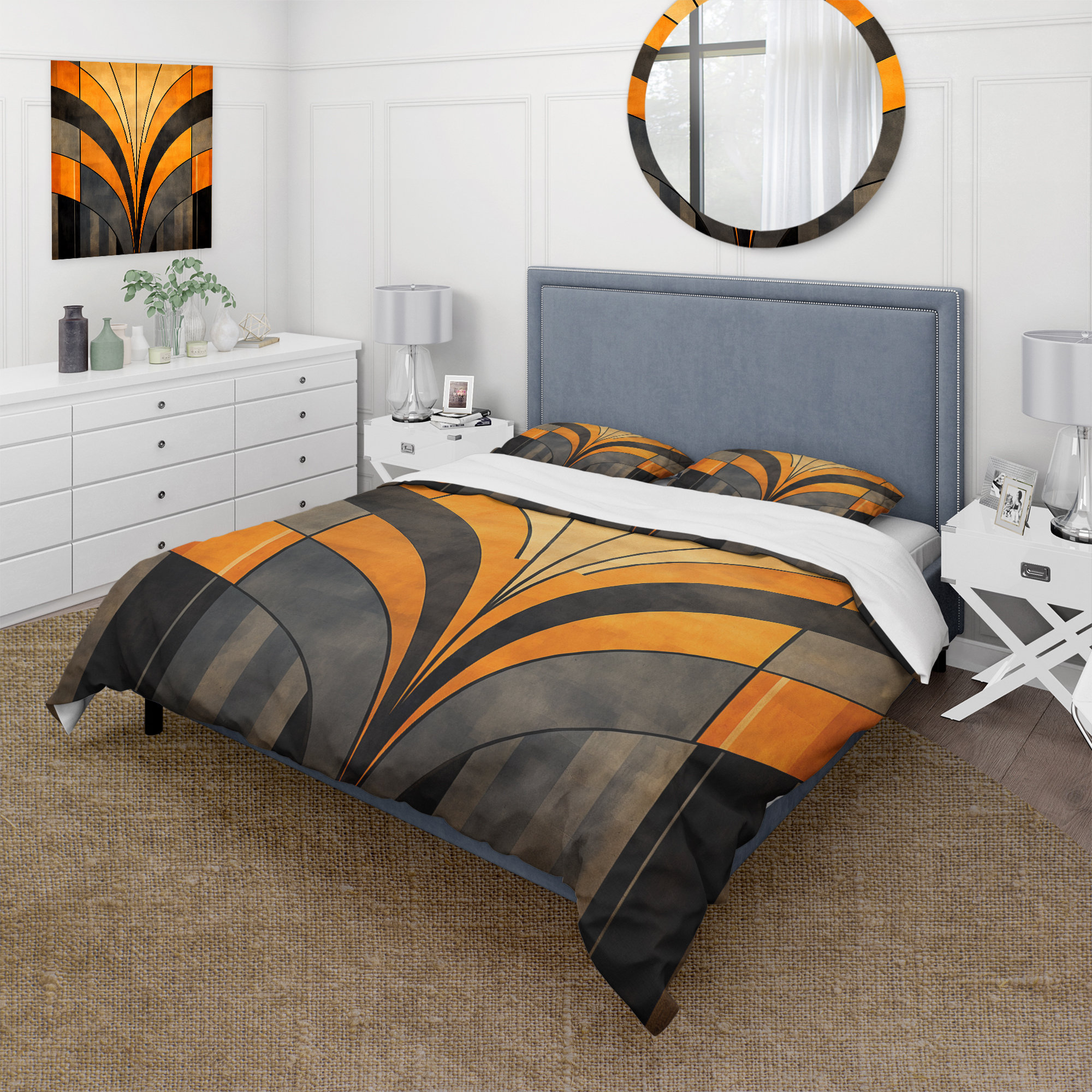 Design Art Orange And Grey Vectors - Abstract Shapes Duvet Cover Set ...
