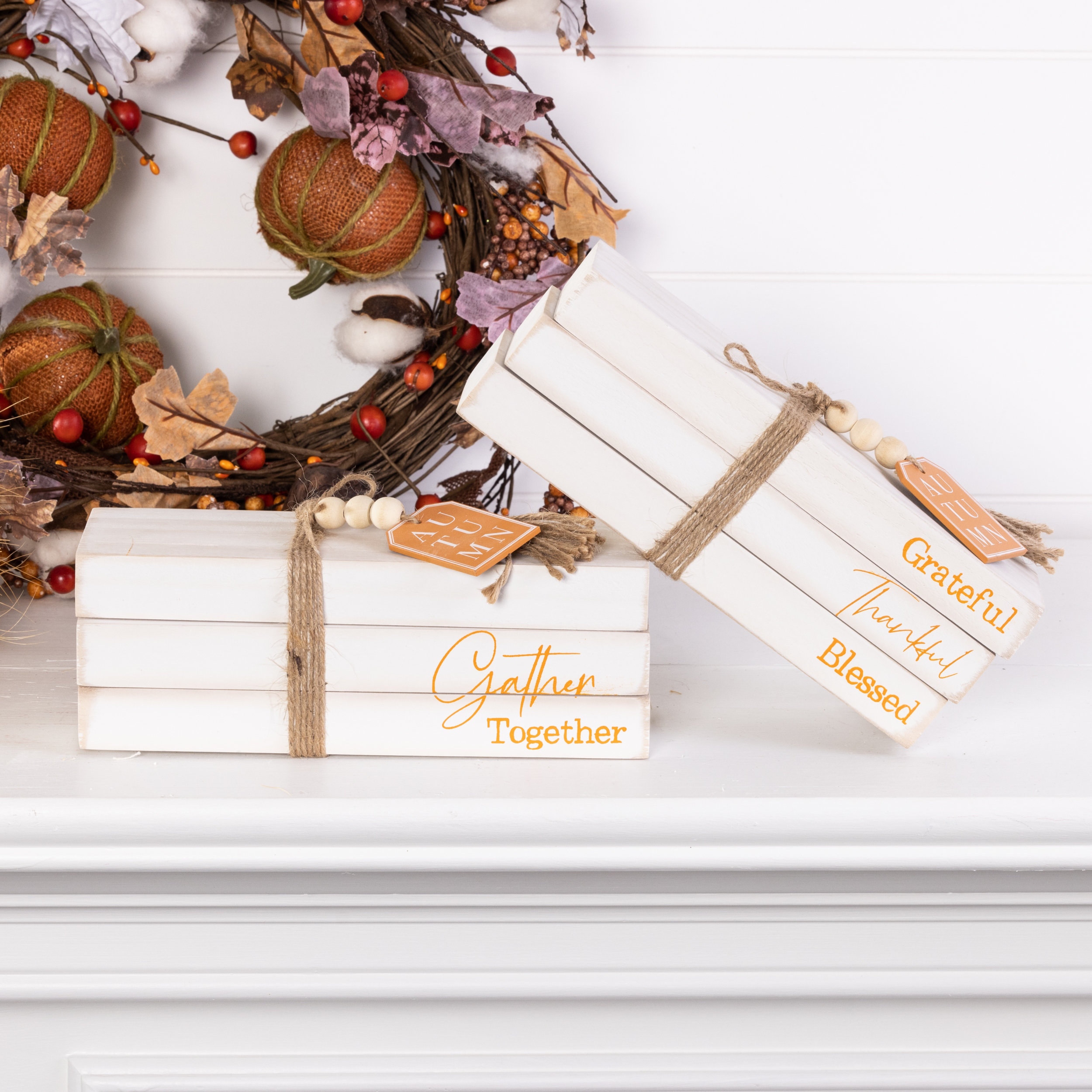 Dakota Fields Wood 9.5 in. Harvest Grateful Autumn Book Stack Set of 2 ...