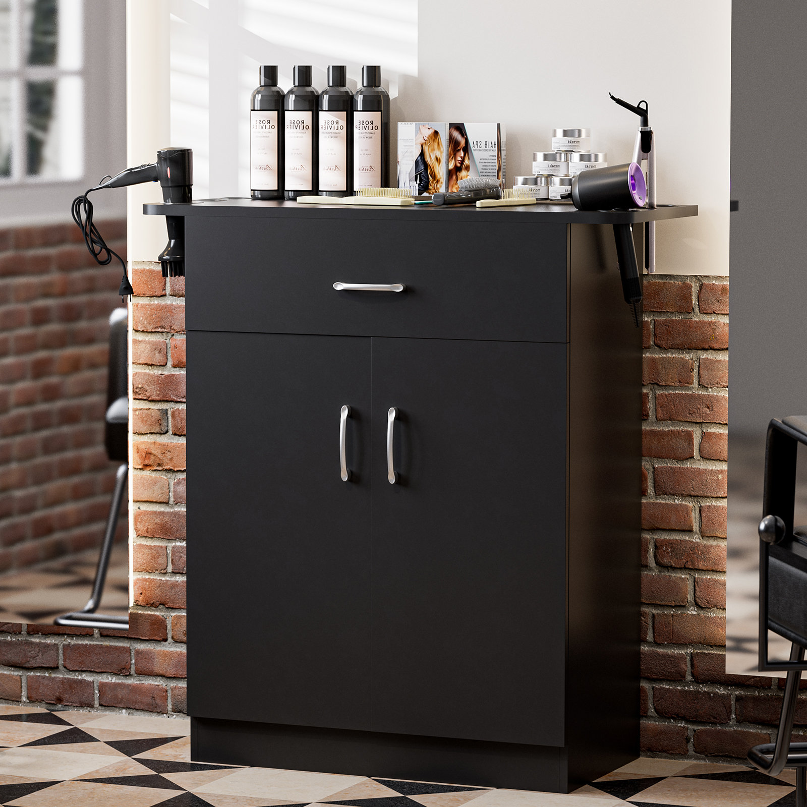 Ebern Designs Salon Storage Station for Stylist with Drawer and 6 Hair ...
