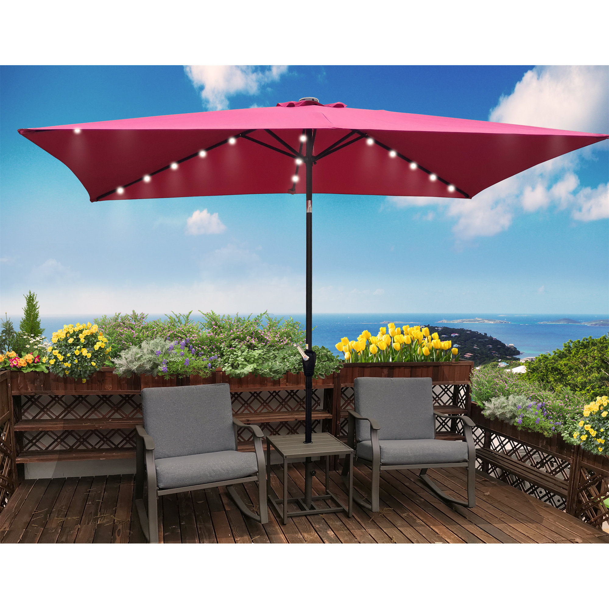Arlmont & Co. Rectangular Patio Solar LED Lighted Outdoor Umbrellas ...