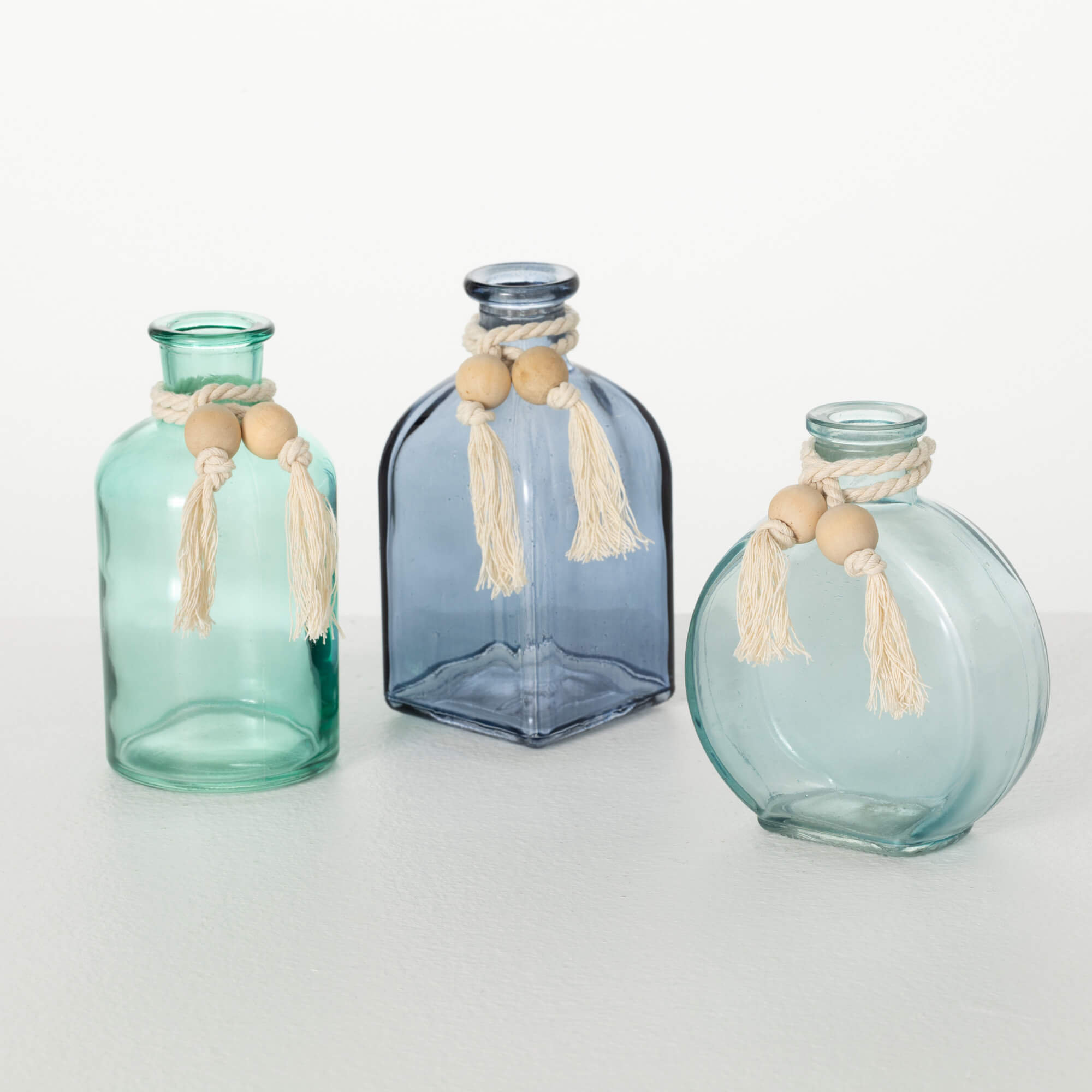 Beachcrest Home™ Sea-Blue Glass Bud Vase Trio, 5"H & 4.5"H | Wayfair