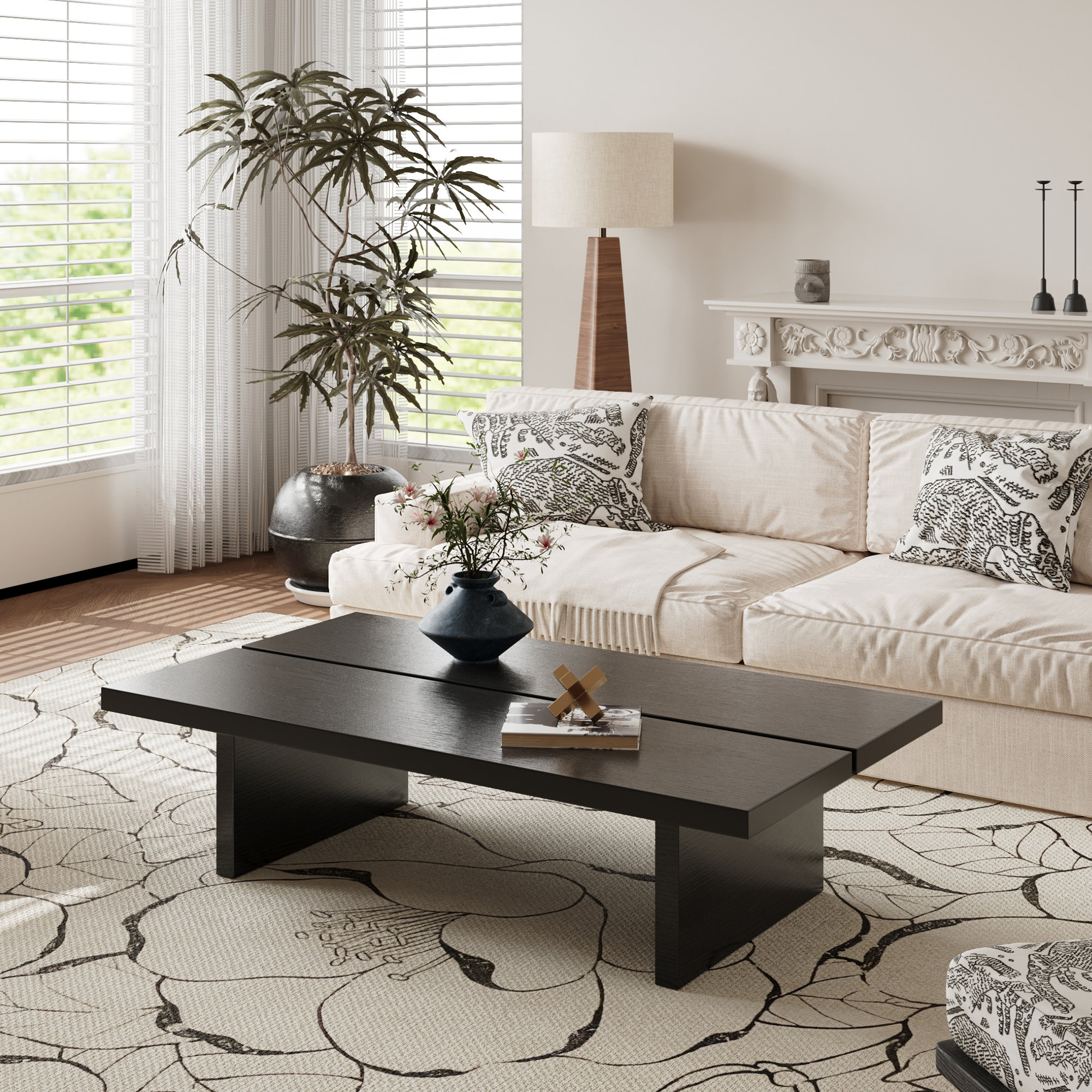 Ebern Designs 47'' Wood Coffee Table, Rectangle Coffee Table Mid ...