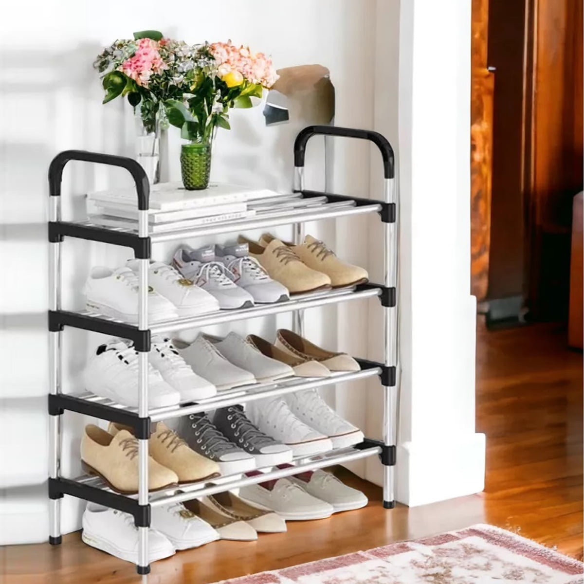 Rebrilliant 4 Tier Shoe Rack Organizer, Stackable Metal 12 Pairs Shoes ...
