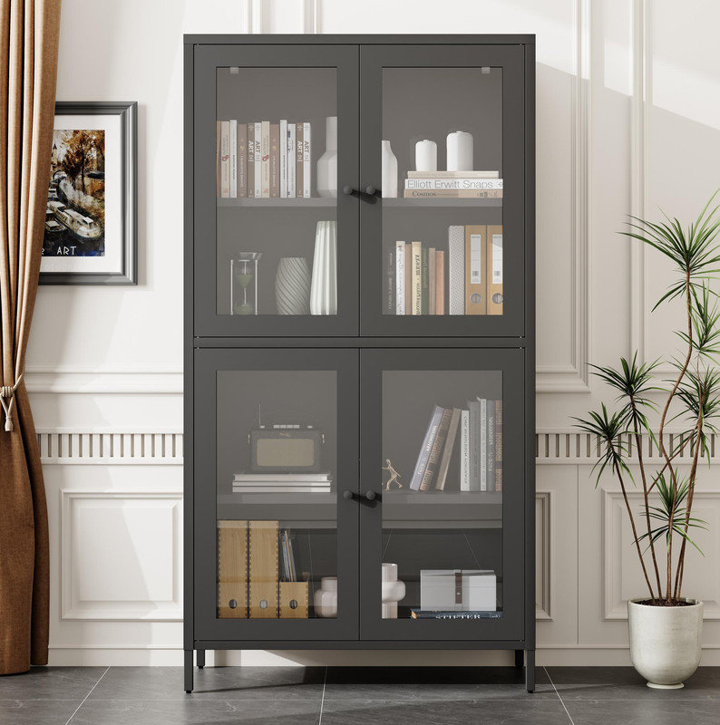 Latitude Run® Black Metal Display Cabinet - 4-Shelf Bookcase with ...