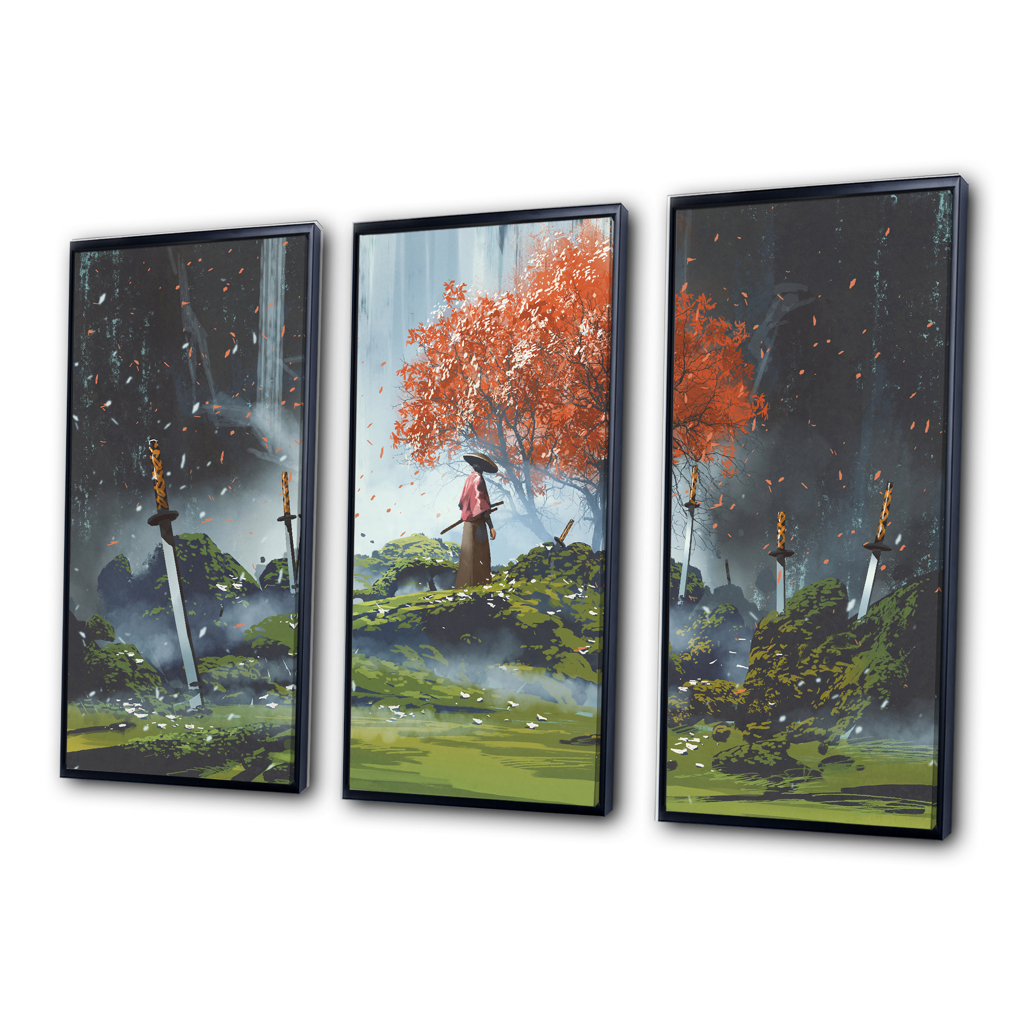 Millwood Pines Samurai Standing In Waterfall Garden With Swords ...