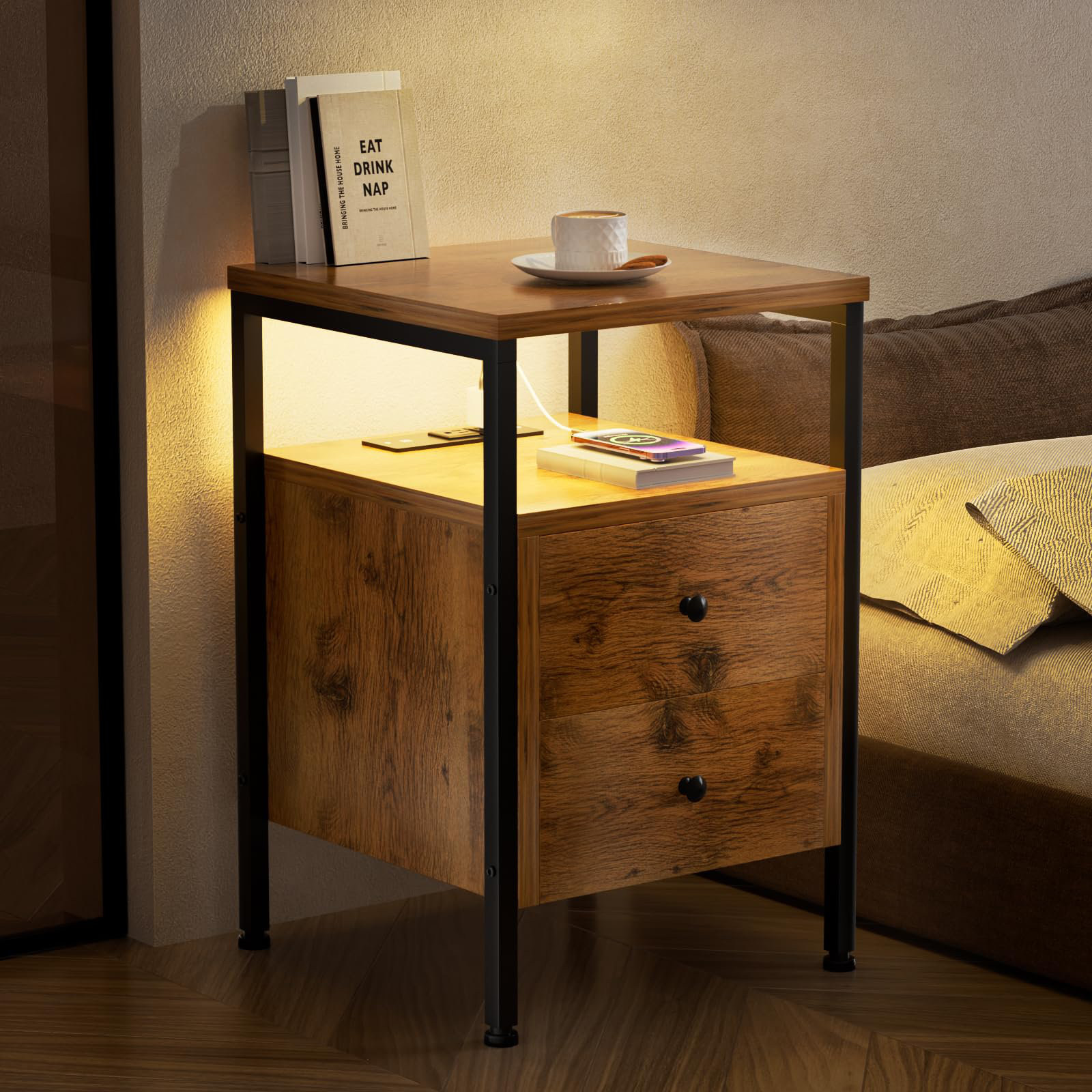 17 Stories Nightstand with Charging Station 2 Drawer Wood Night Stand ...