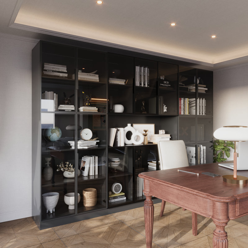 Hokku Designs 110 '' W Black Combination Bookcase With Glass Doors And ...