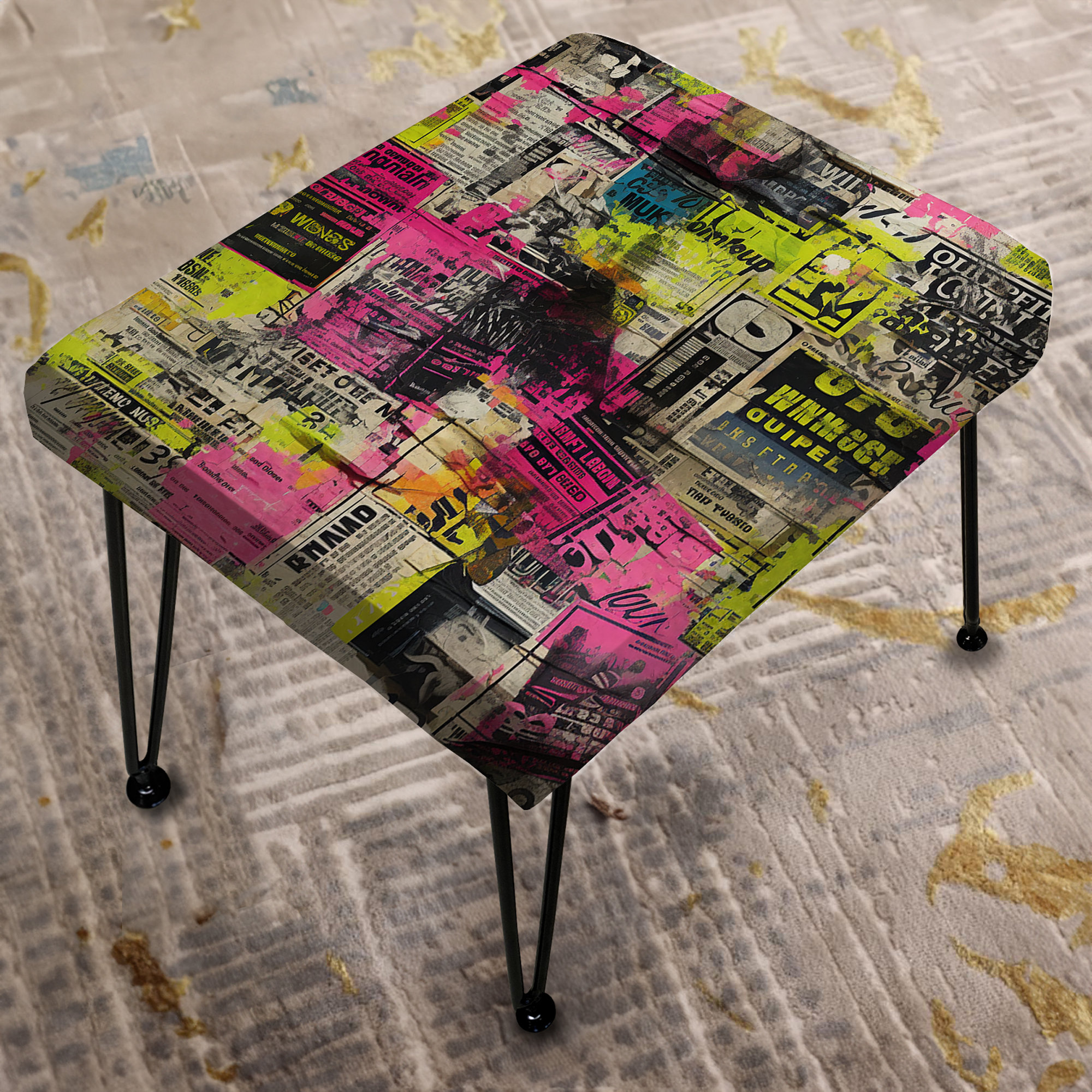 Design Art Poupart Neon Newspaper Collage - Abstract Rectangle Ottoman ...