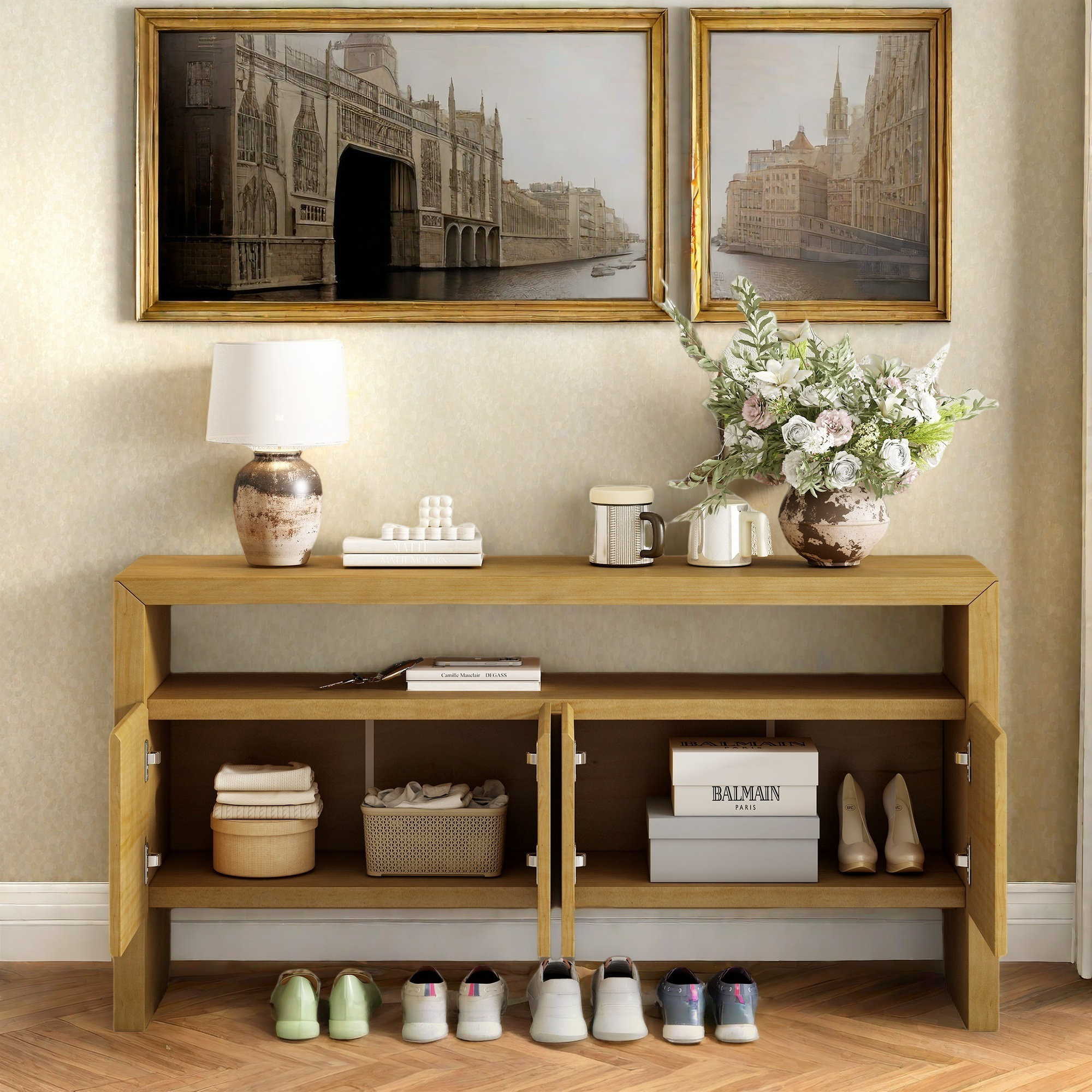 Latitude Run® Modern 4-Door Console Table With Open Shelf And Natural ...