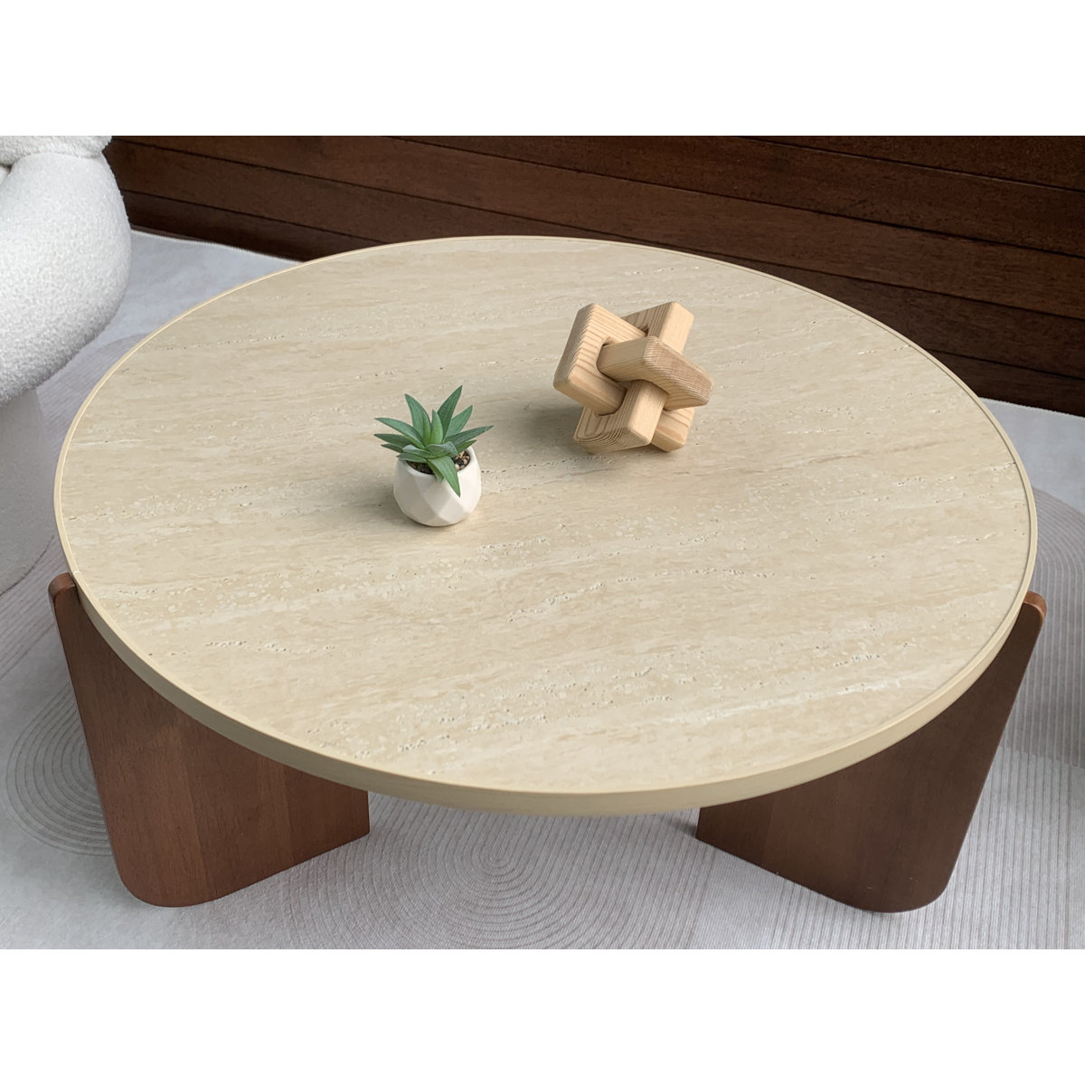 Ivy Bronx Elegant Round Travertine Texture Coffee Table – 30” Stone ...