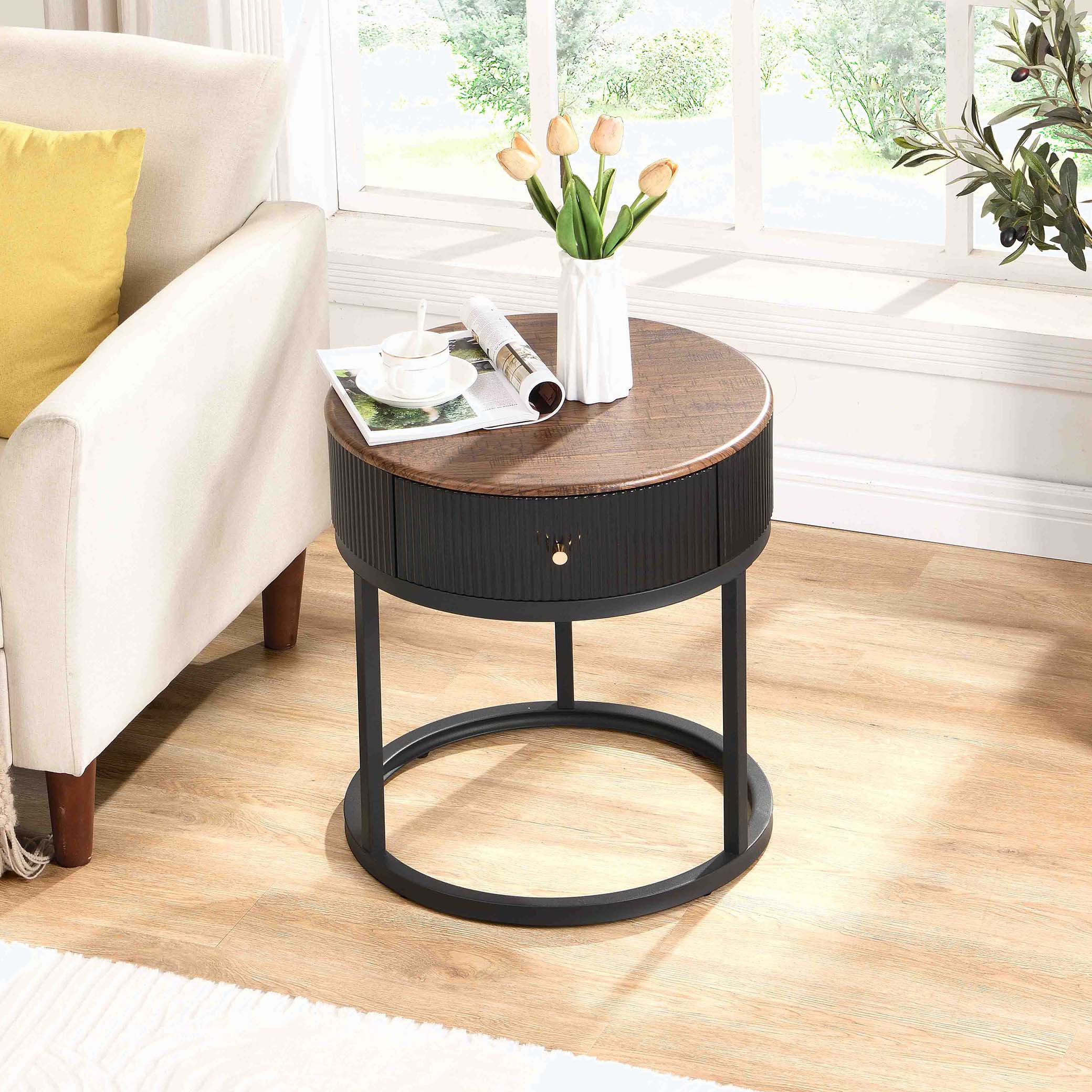 17 Stories Round Nightstand with Drawer, 19.68 Inch End Table with ...