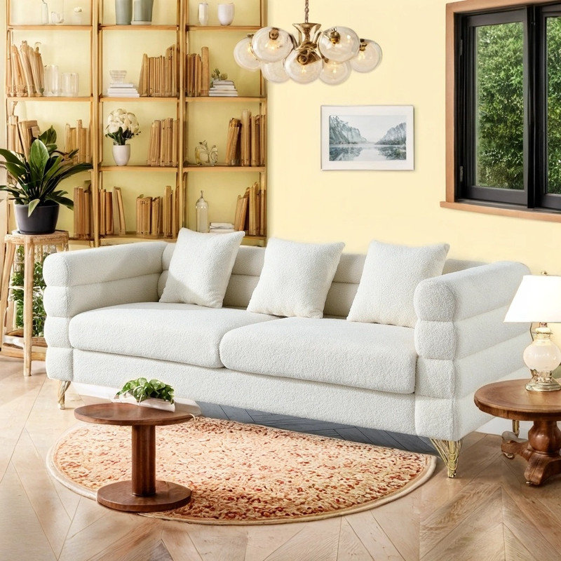Mercer41 Streamline Sofa with Metal Legs and Lumbar Pillows, 3-Seater ...