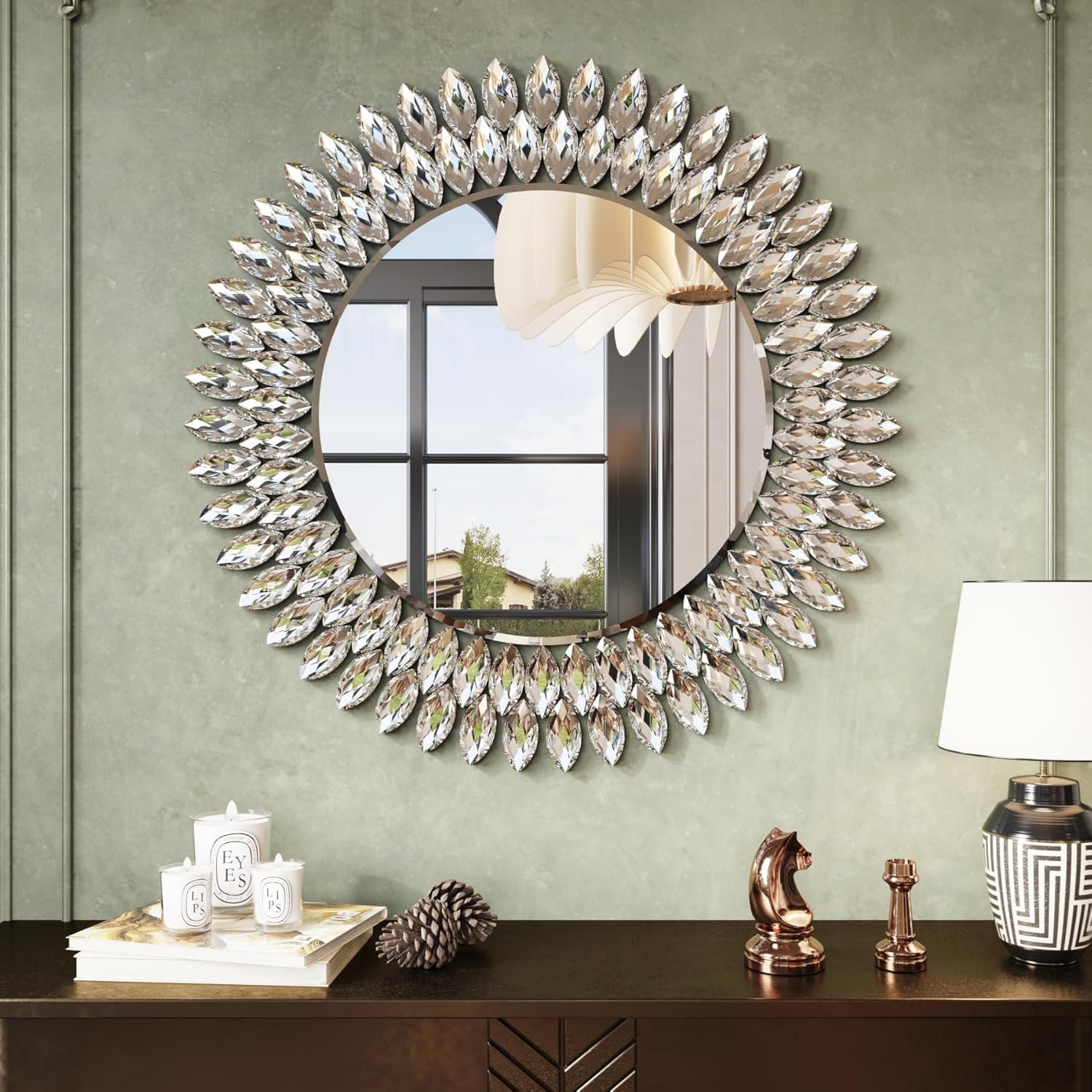 Mercer41 Jeweled Mirror for Wall, 28 Inch Round Luxury Mirror with ...