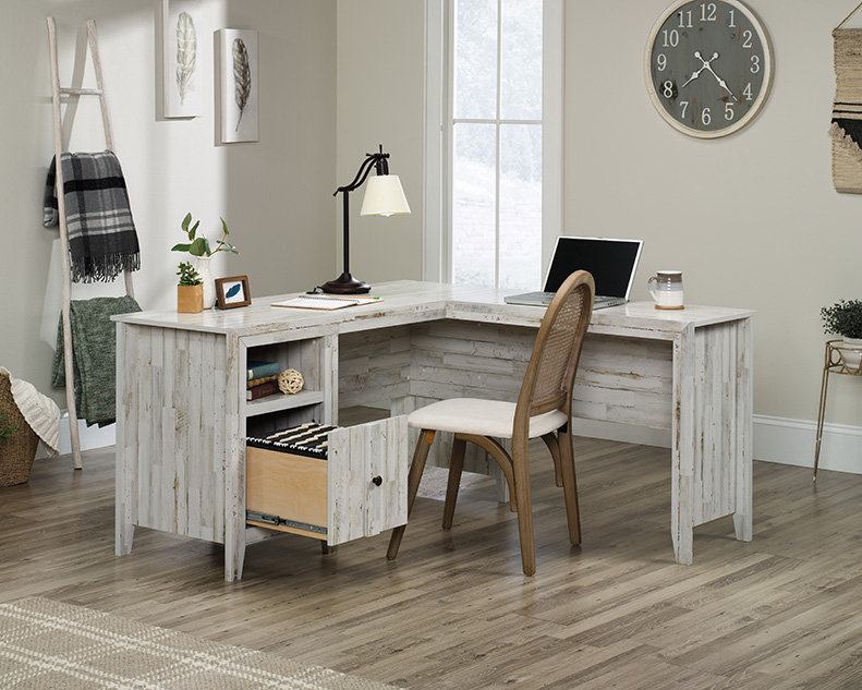 Inbox Zero Rustic L-Shaped Desk in White Plank | Wayfair