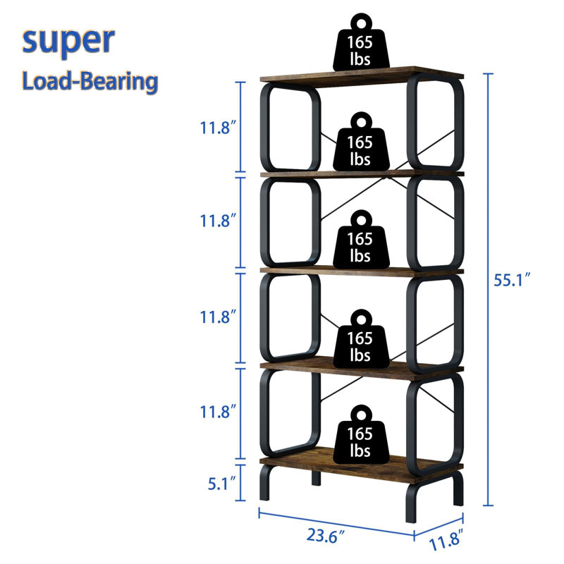 17 Stories 5 Tier Bookshelf, Modern Sturdy Bookcase,Industrial Metal ...
