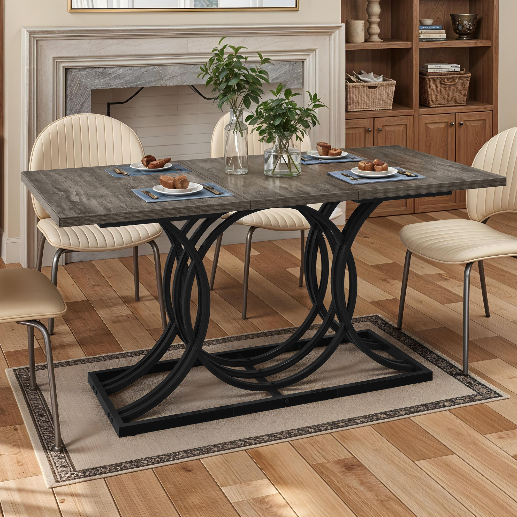 Mercer41 63" Multifunction Dining Table with Unique Trestle Base Frame ...