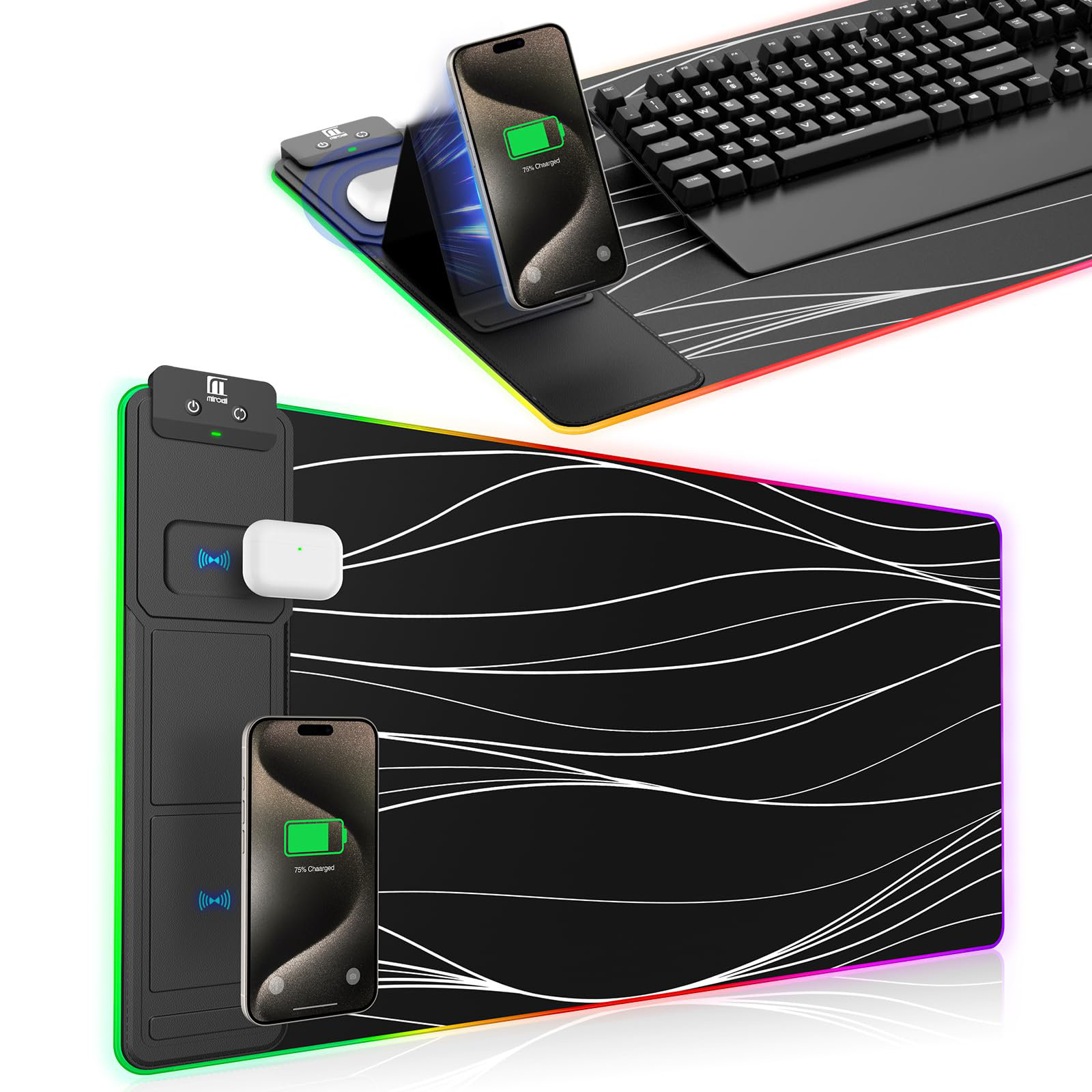 Inbox Zero XXL Mouse Pad With Phone Holder, RGB Desk Mat With 15W Fast ...