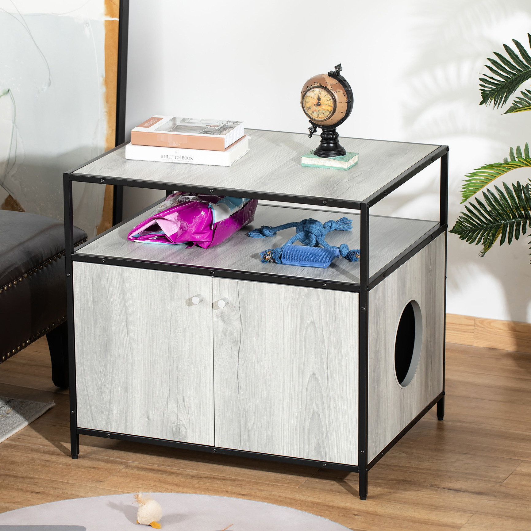 Hokku Designs Gray Litter Box Enclosure - Concealed Cat Bath Spot With ...