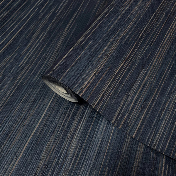 17 Stories Dark Navy Blue Natural Grasscloth Textured Wallpaper Modern ...