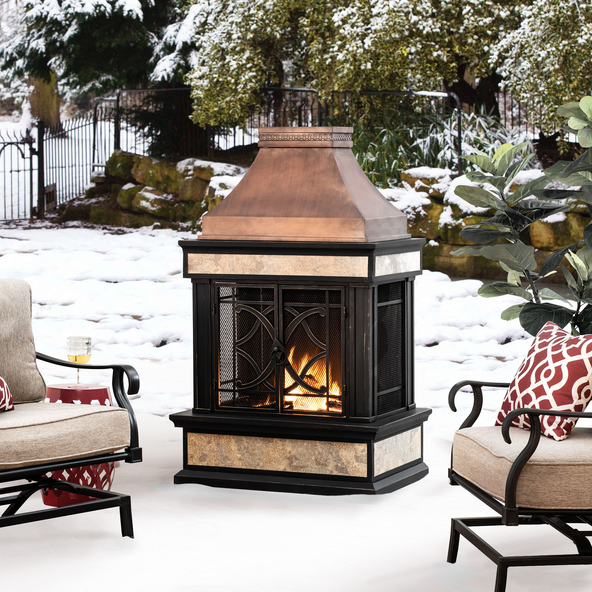 Fleur De Lis Living Sunjoy Sofie Outdoor Fireplace, Heirloom Patio Wood ...