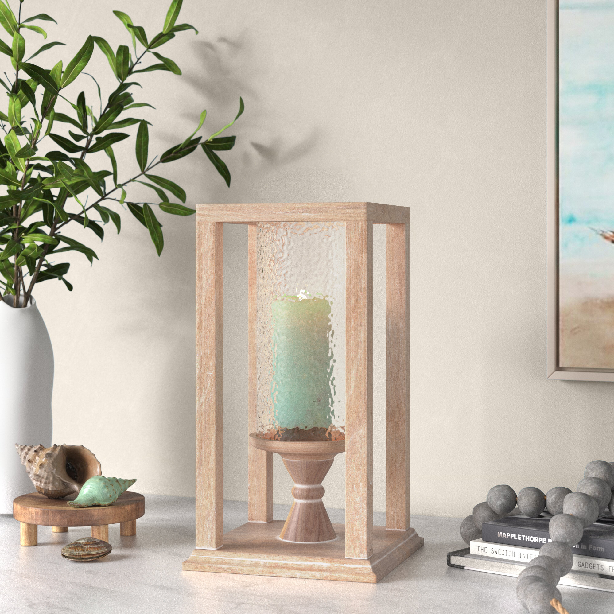 Beachcrest Home™ Crossett 20" Wood & Glass Tabletop Hurricane Holder ...