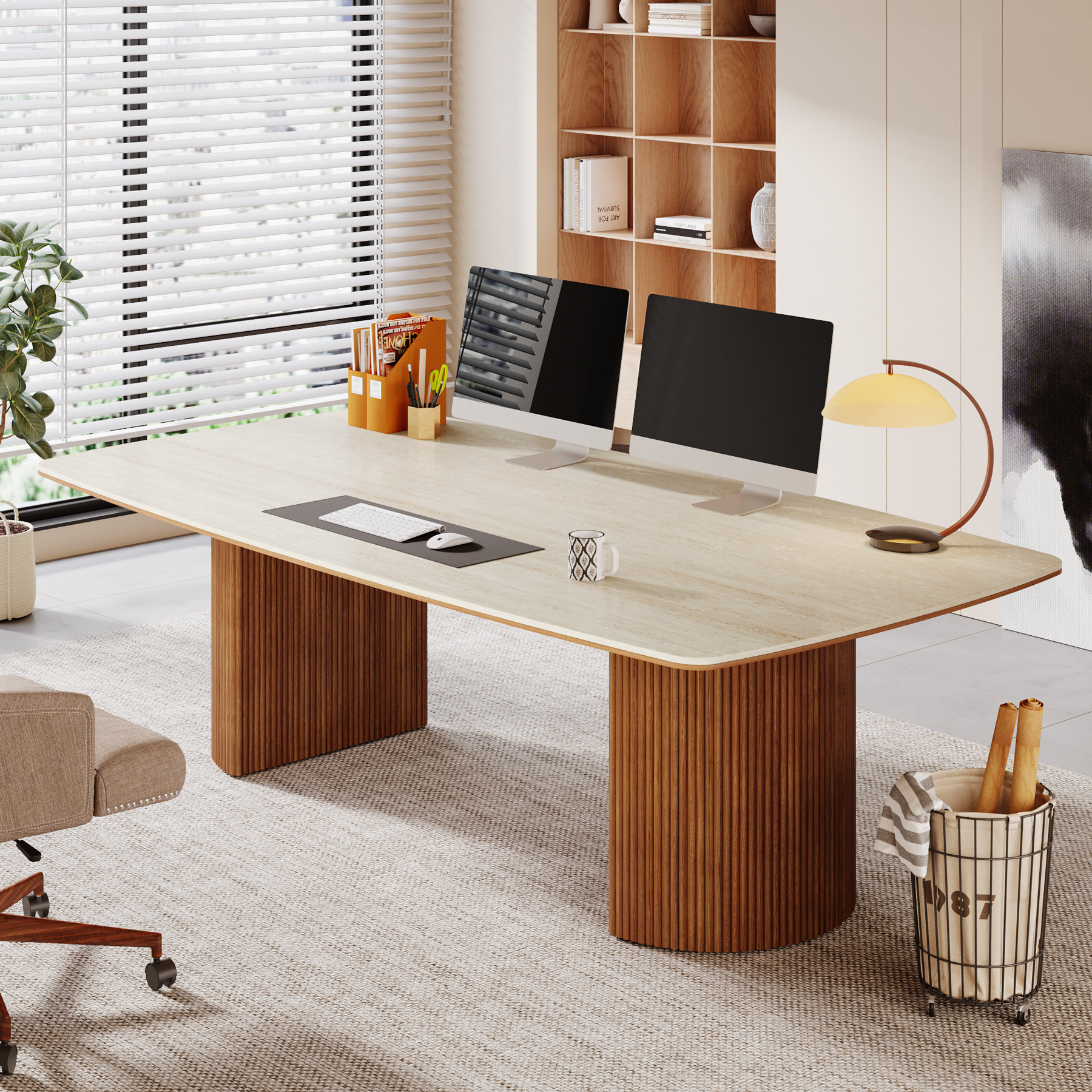 Hokku Designs Travertine Slab Computer Desk With Semi-Circular Base In ...