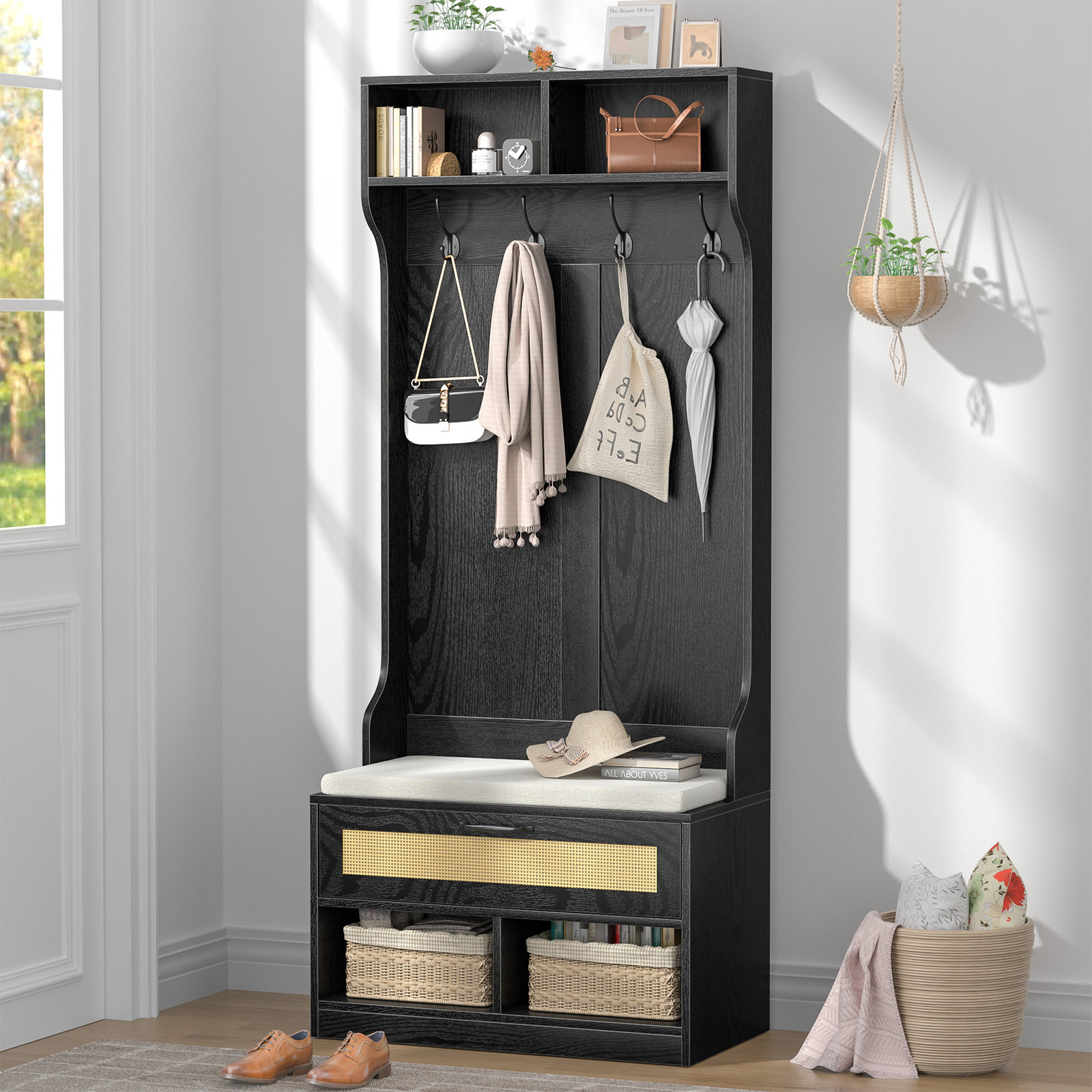 Bay Isle Home™ Cesilia Black Hall Tree 28.35'' Wide With Bench And Shoe ...