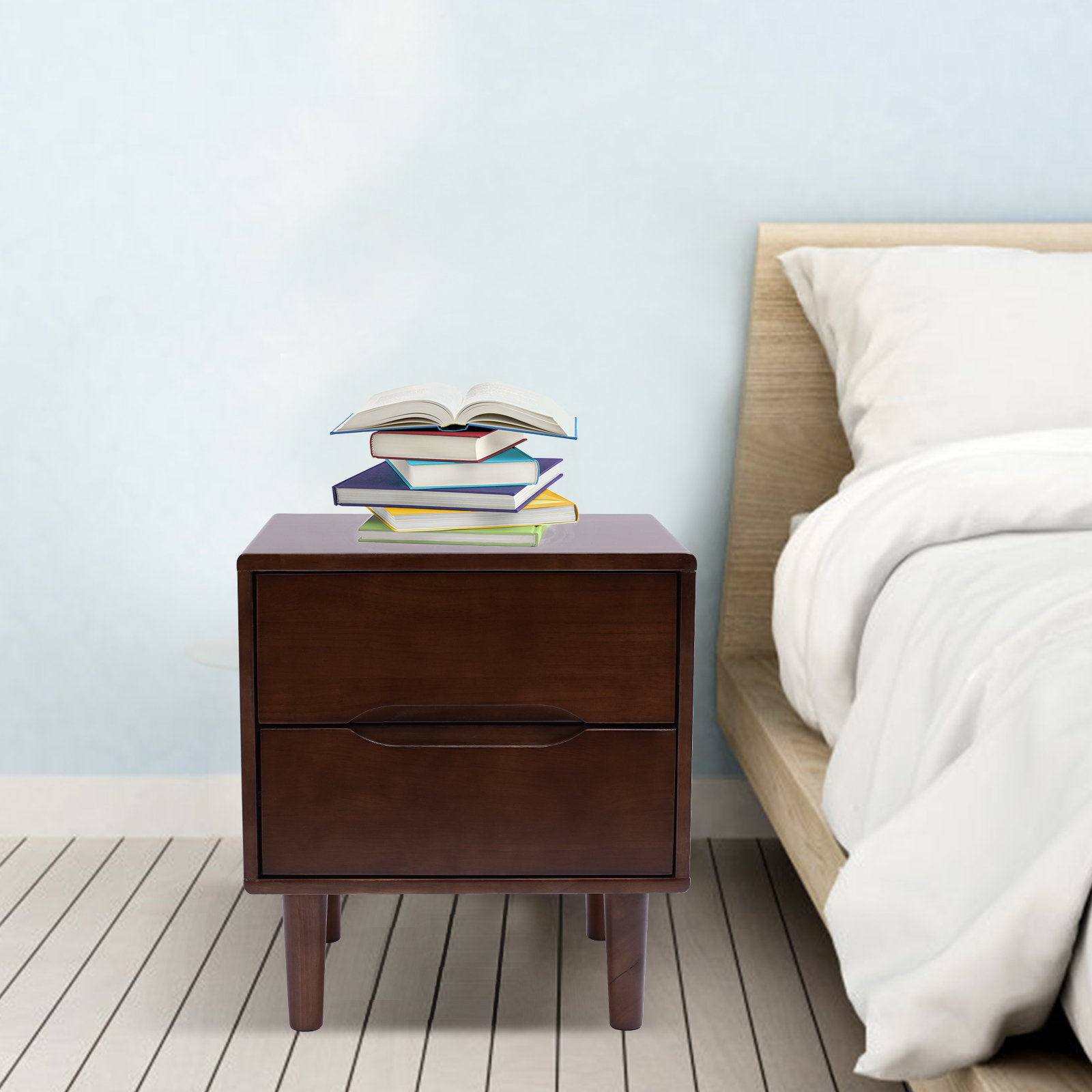 George Oliver Walnut Brown Modern Handle Wood Nightstands Side Table ...