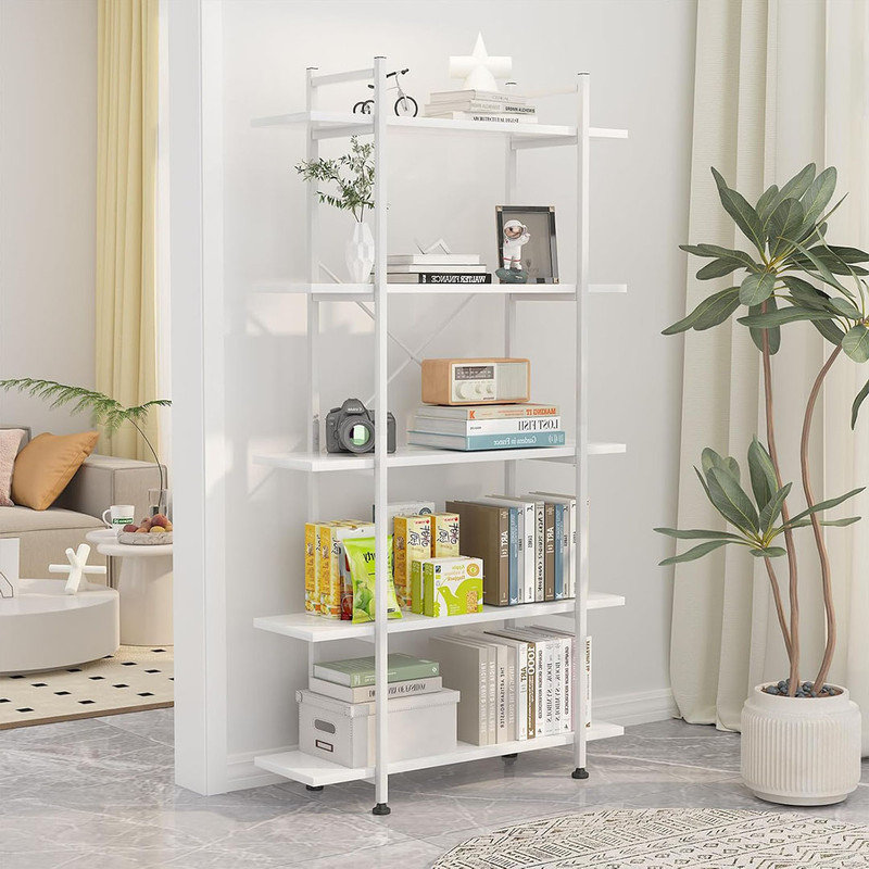Latitude Run® Bookshelf 5 Tiers White Wooden Storage Shelf, Metal ...