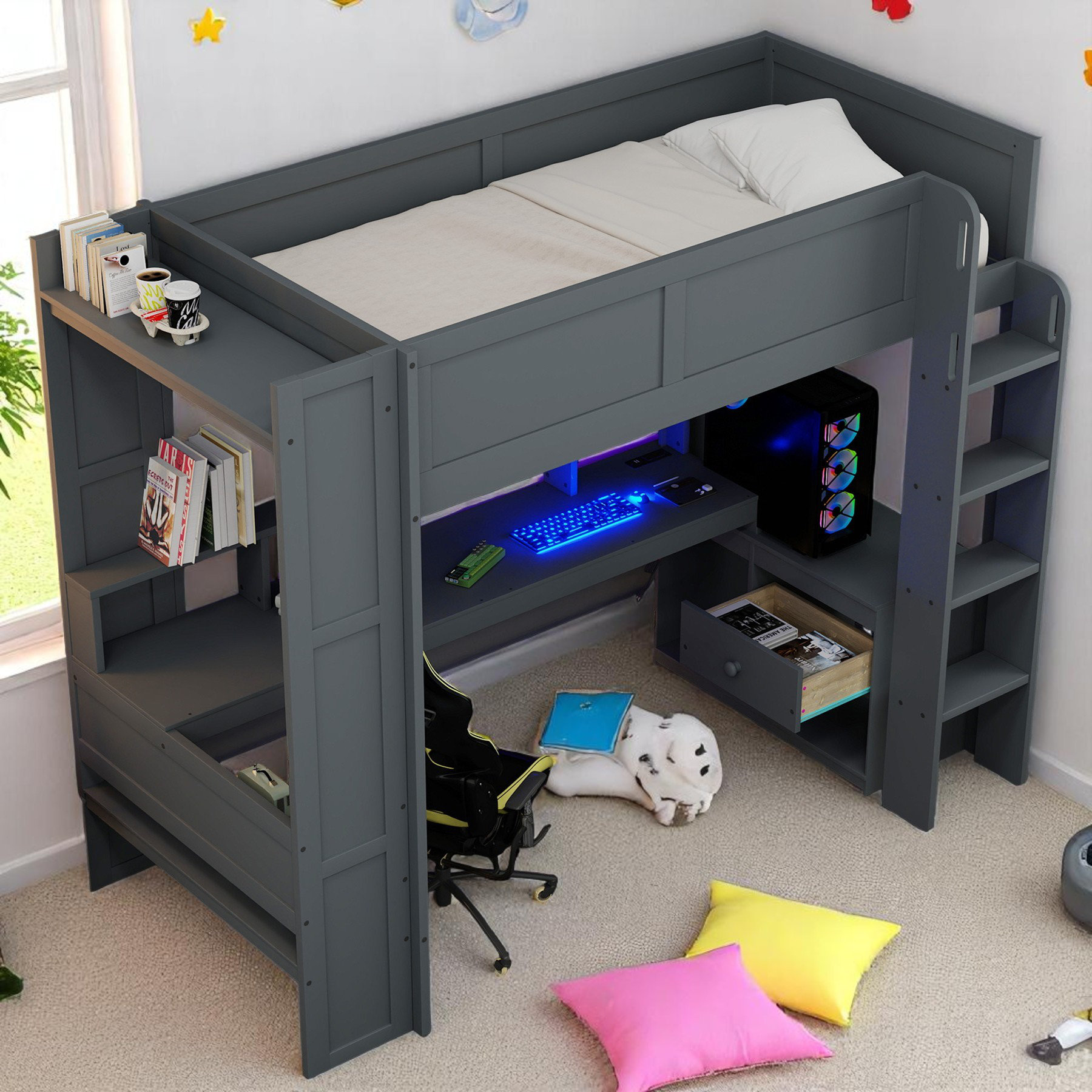 Ivy Bronx Loft Bed With Built-In Desk And Charging Station | Wayfair