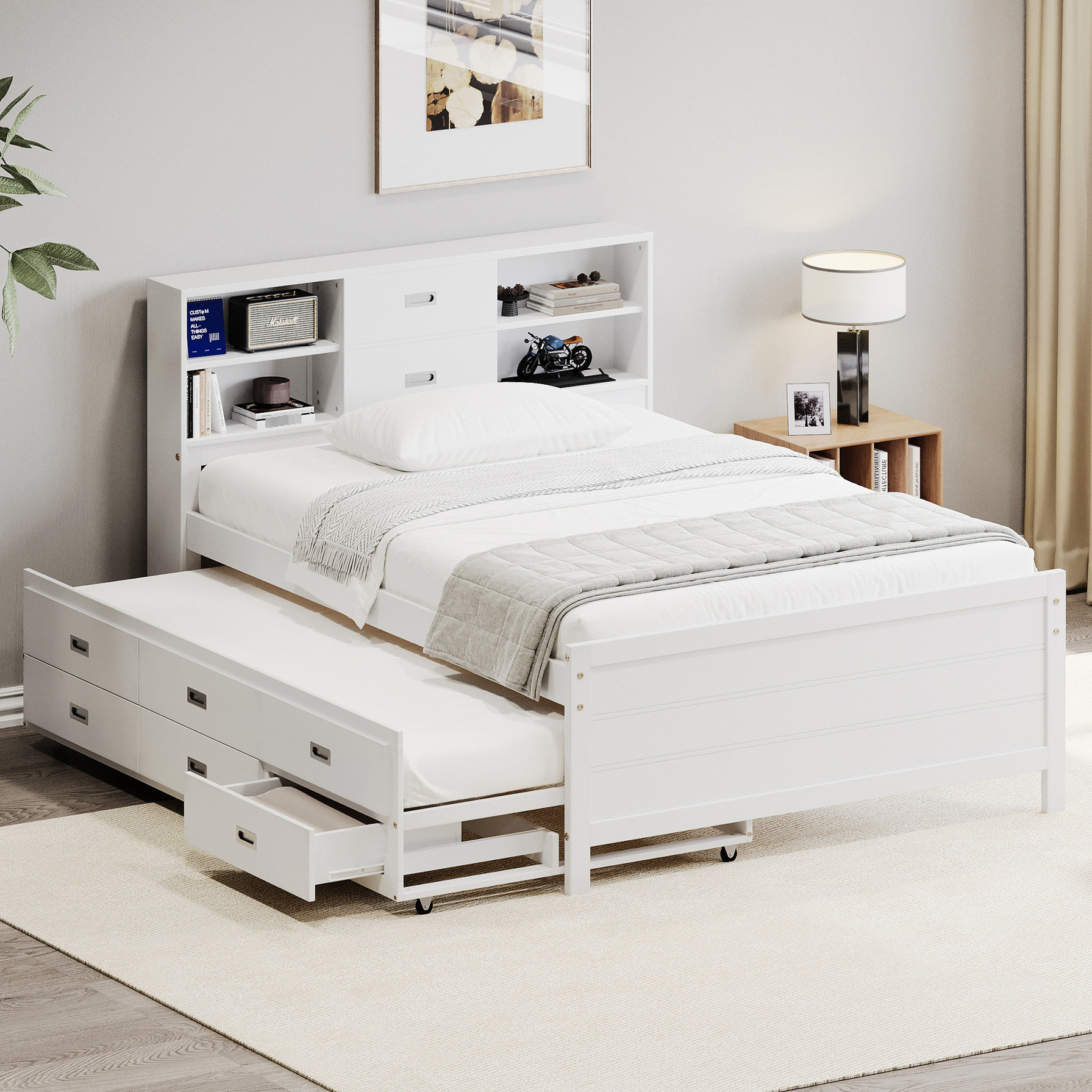 Red Barrel Studio® Twin Bed Frame With And Trundle - White Solid Wood ...