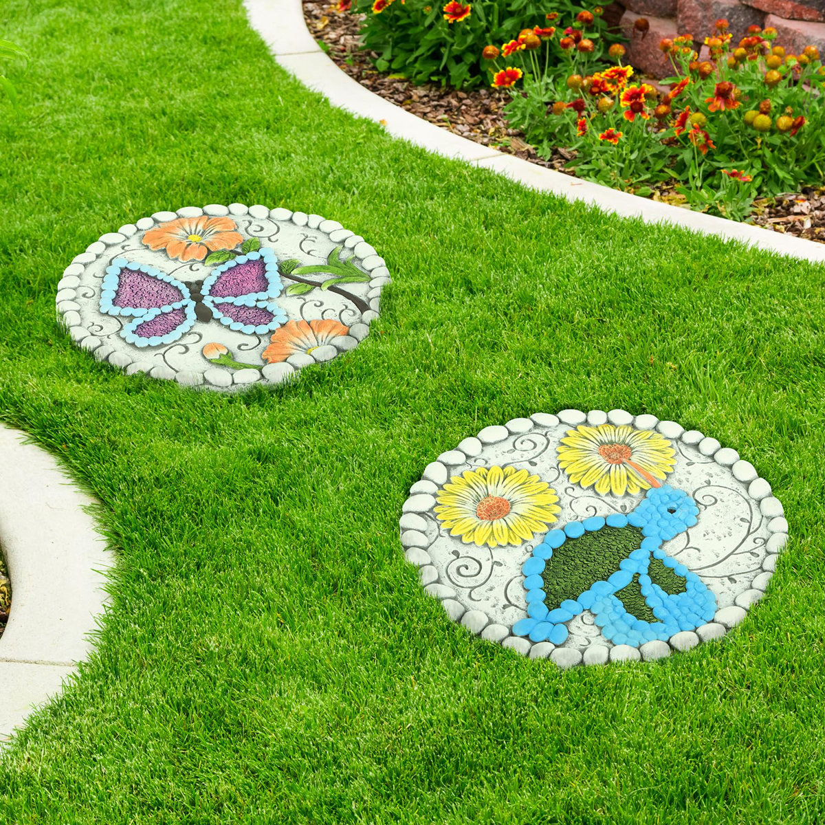 Arlmont & Co. Garden Stepping Stones Set of 2 Butterfly Outdoor Garden ...