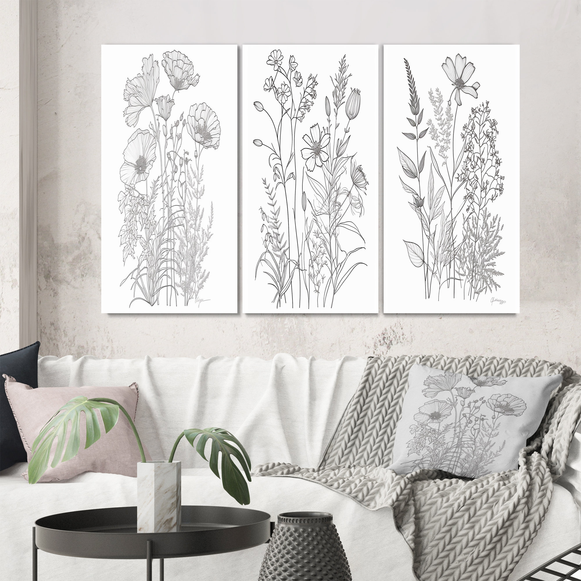 Winston Porter " Minimal Wildflowers Drawing Black On White I " 3 ...