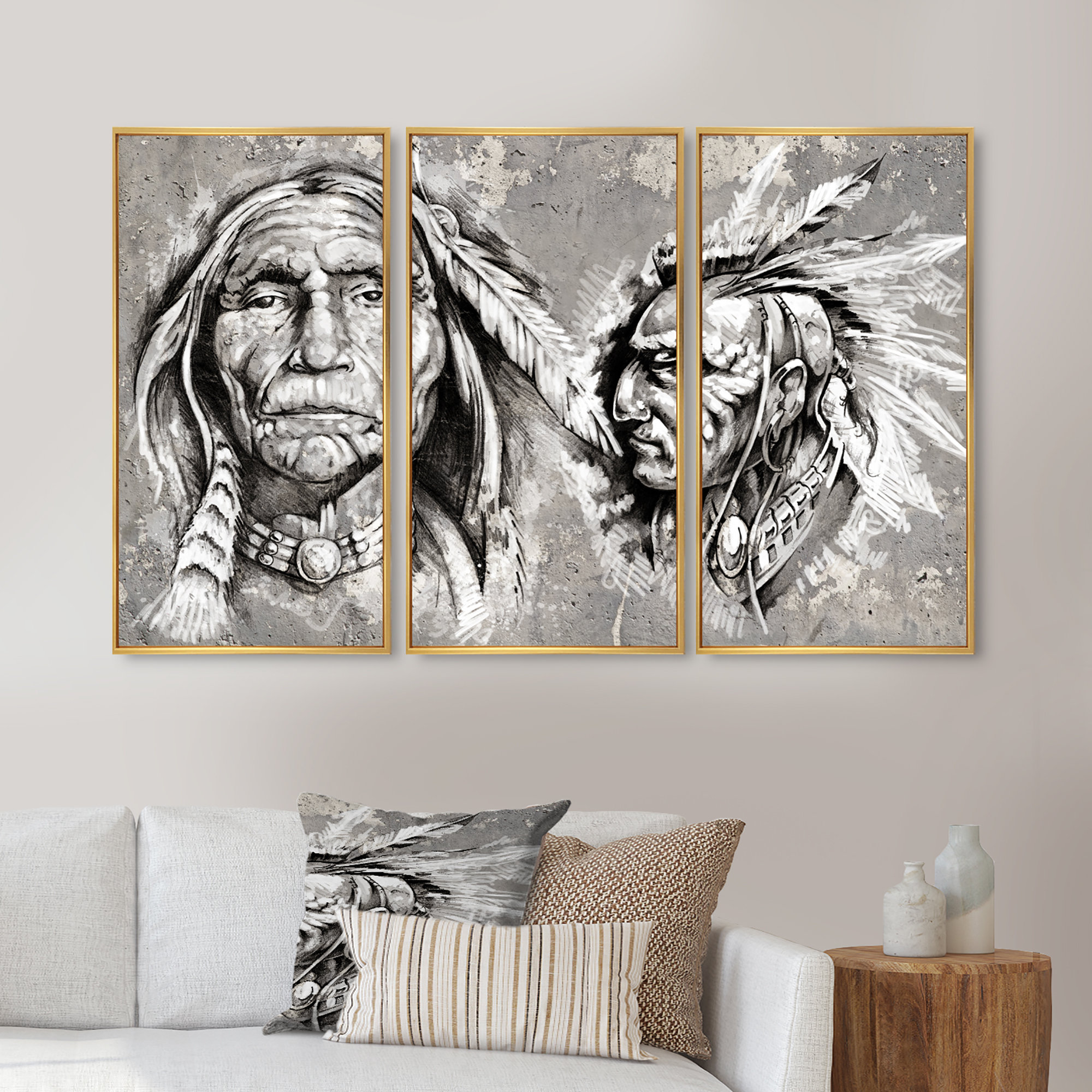 Canora Grey Native American Indian Heads Framed On Canvas 3 Pieces ...