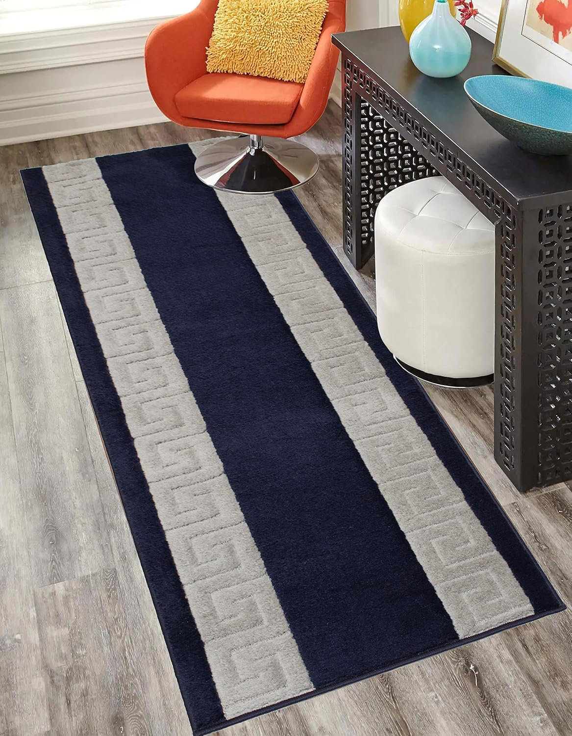 Mercer41 Custom Size Rug Meander Navy Blue Medium Pile Slip Resistant ...