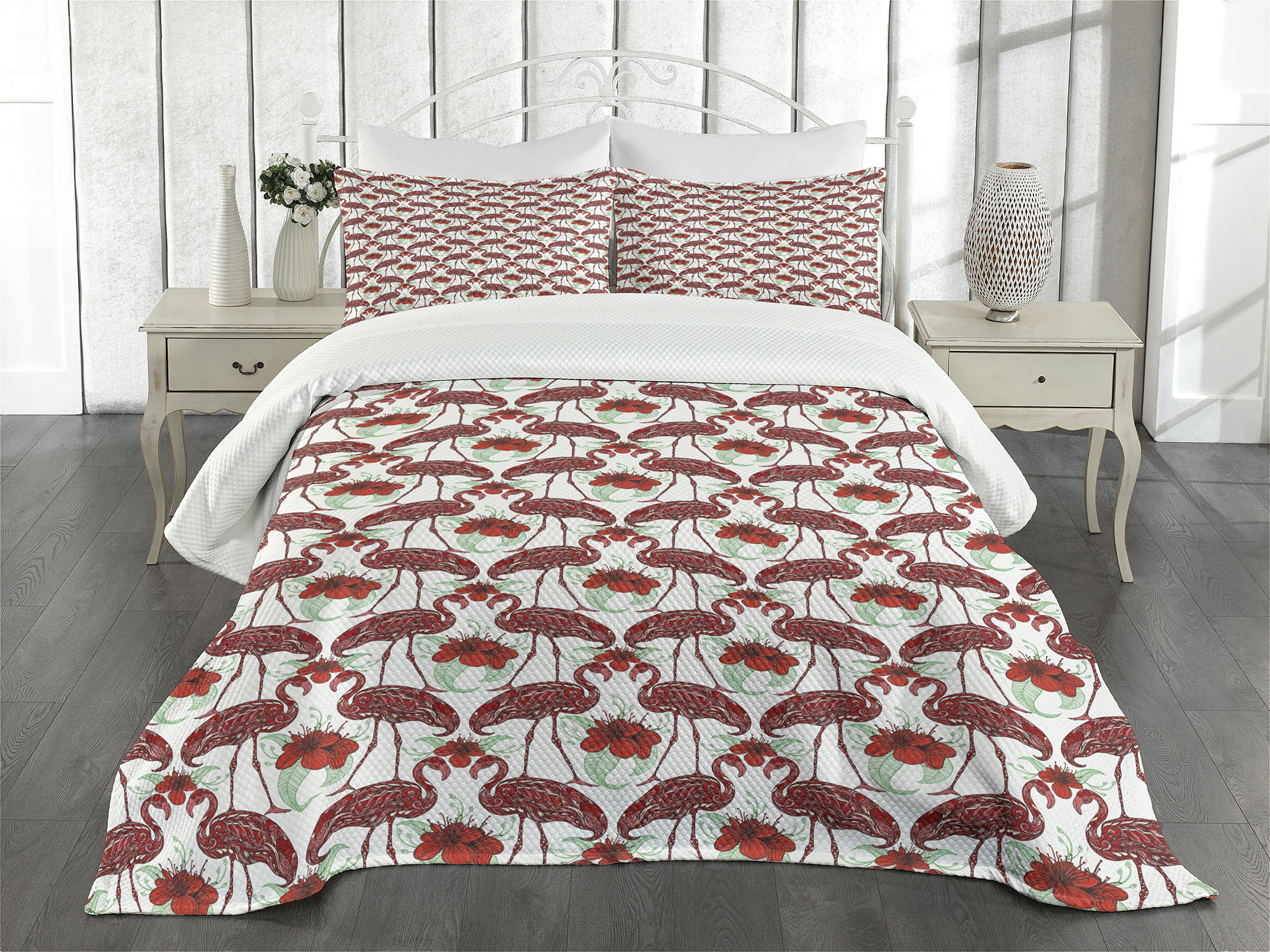 Ambesonne Flamingo Bedspread Set Floral Birds Hand Drawing Red Coral ...